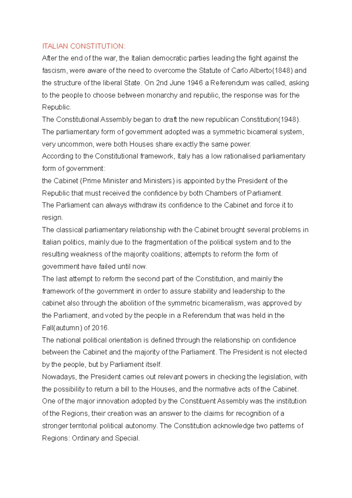 Italian Constitution - ITALIAN CONSTITUTION: After the end of the war ...