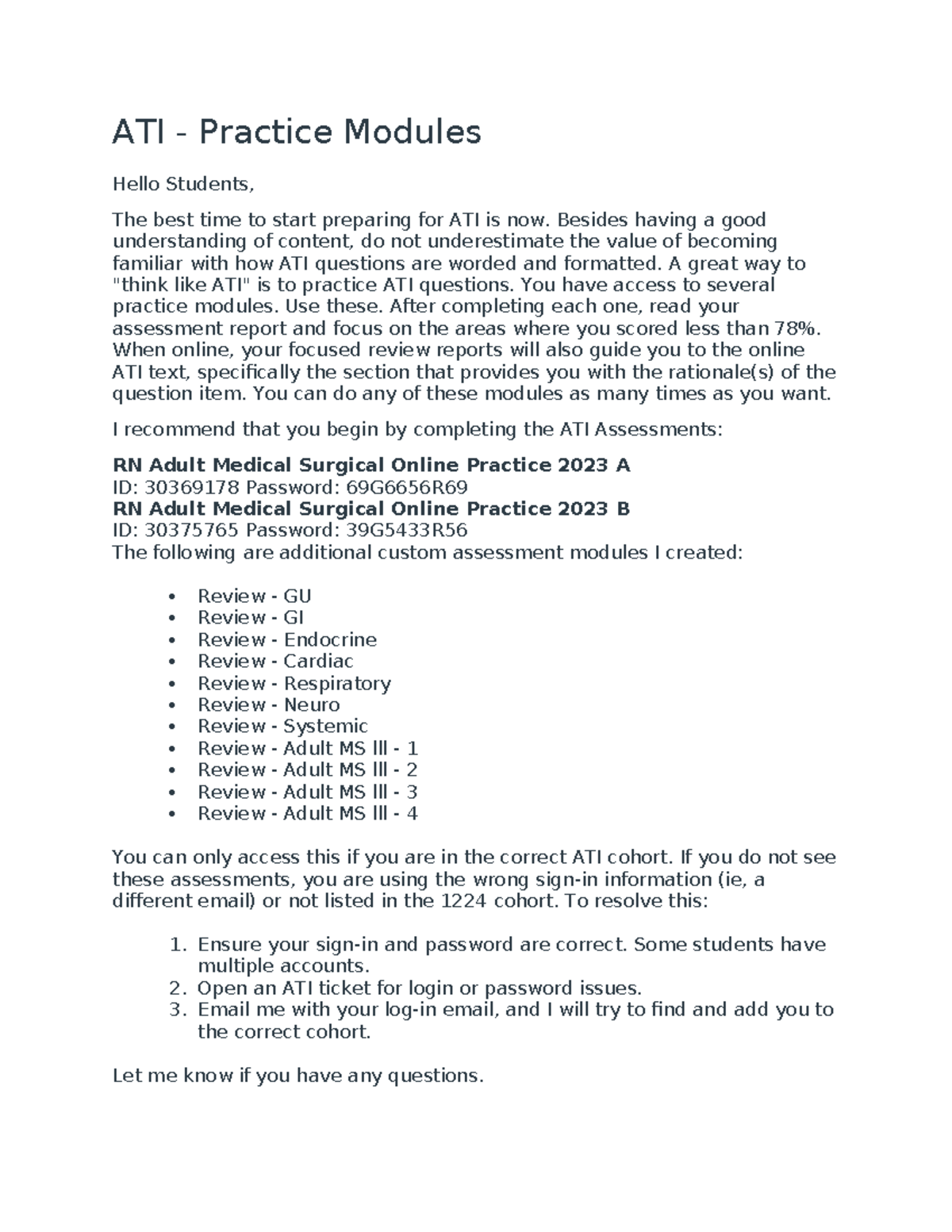 ATI practice modules - helpful - ATI - Practice Modules Hello Students ...