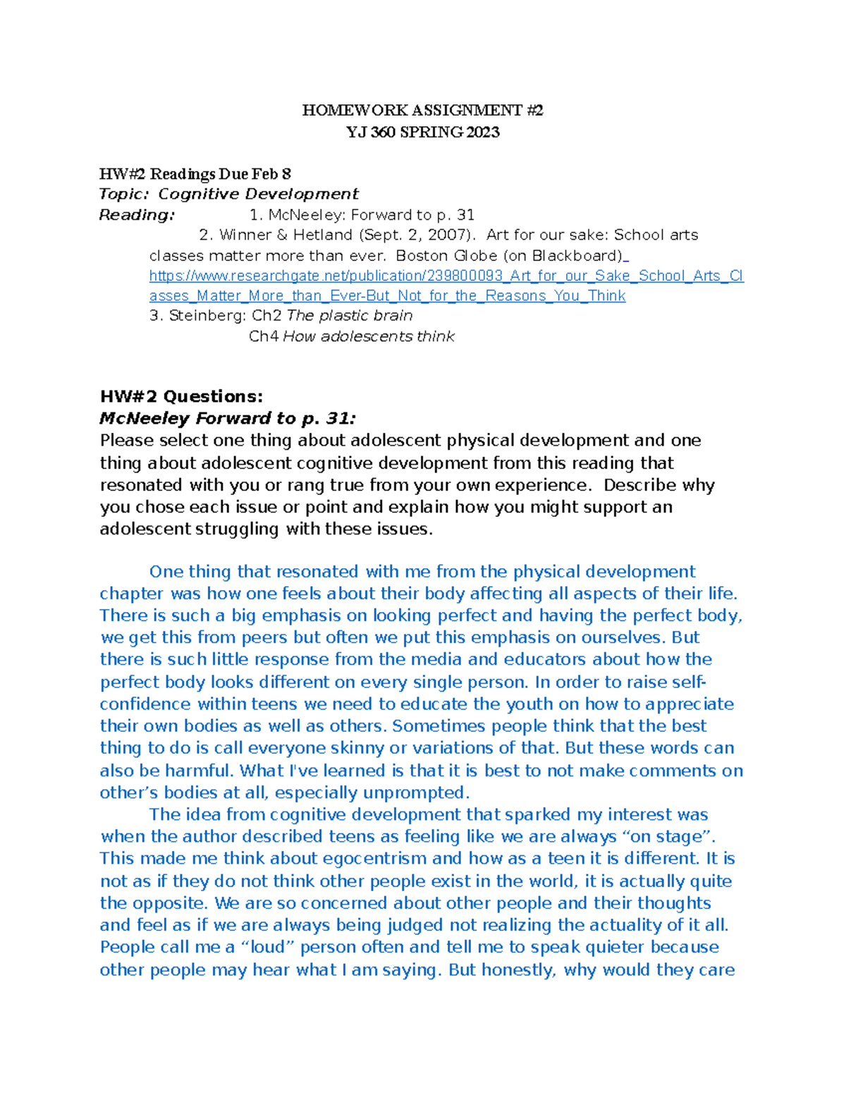 HW #2 - Homework - HOMEWORK ASSIGNMENT YJ 360 SPRING 2023 HW#2 Readings ...