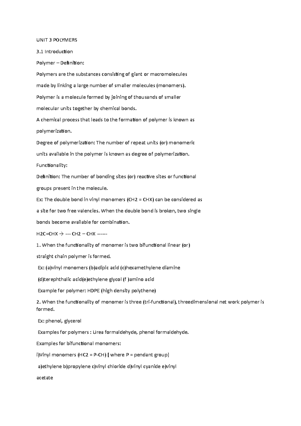 polymers assignment - UNIT 3 POLYMERS 3 Introduction Polymer ...