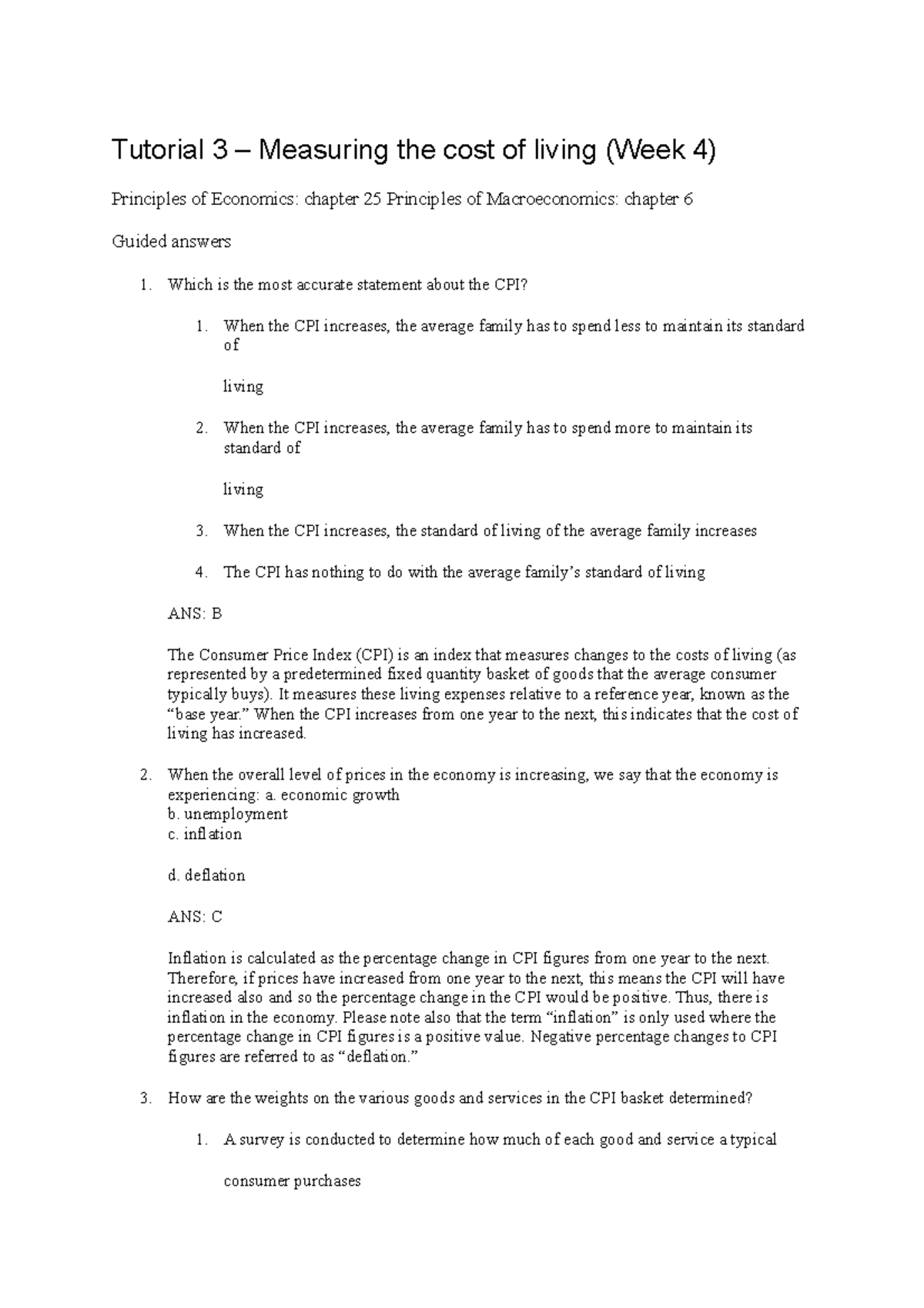 Tutorial 3 week 4 eco - Tutorial 3 – Measuring the cost of living (Week ...