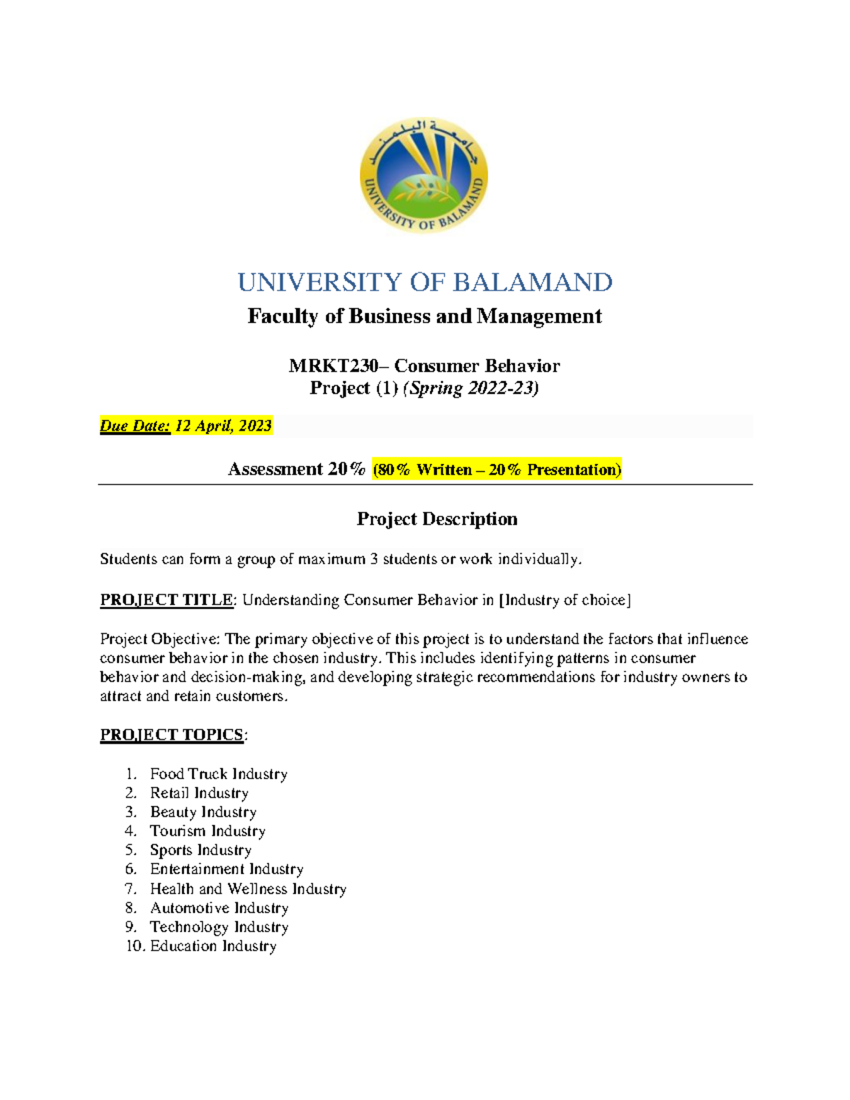 MRKT230 Project 1 Spring 2022-23 - UNIVERSITY OF BALAMAND Faculty of ...