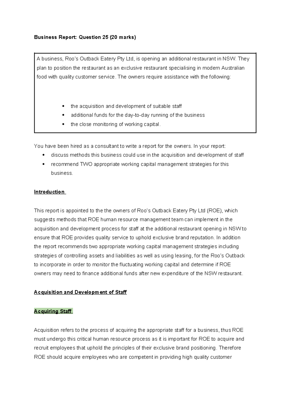 Business Report 2019 HSC - Business Report: Question 25 (20 marks) A ...