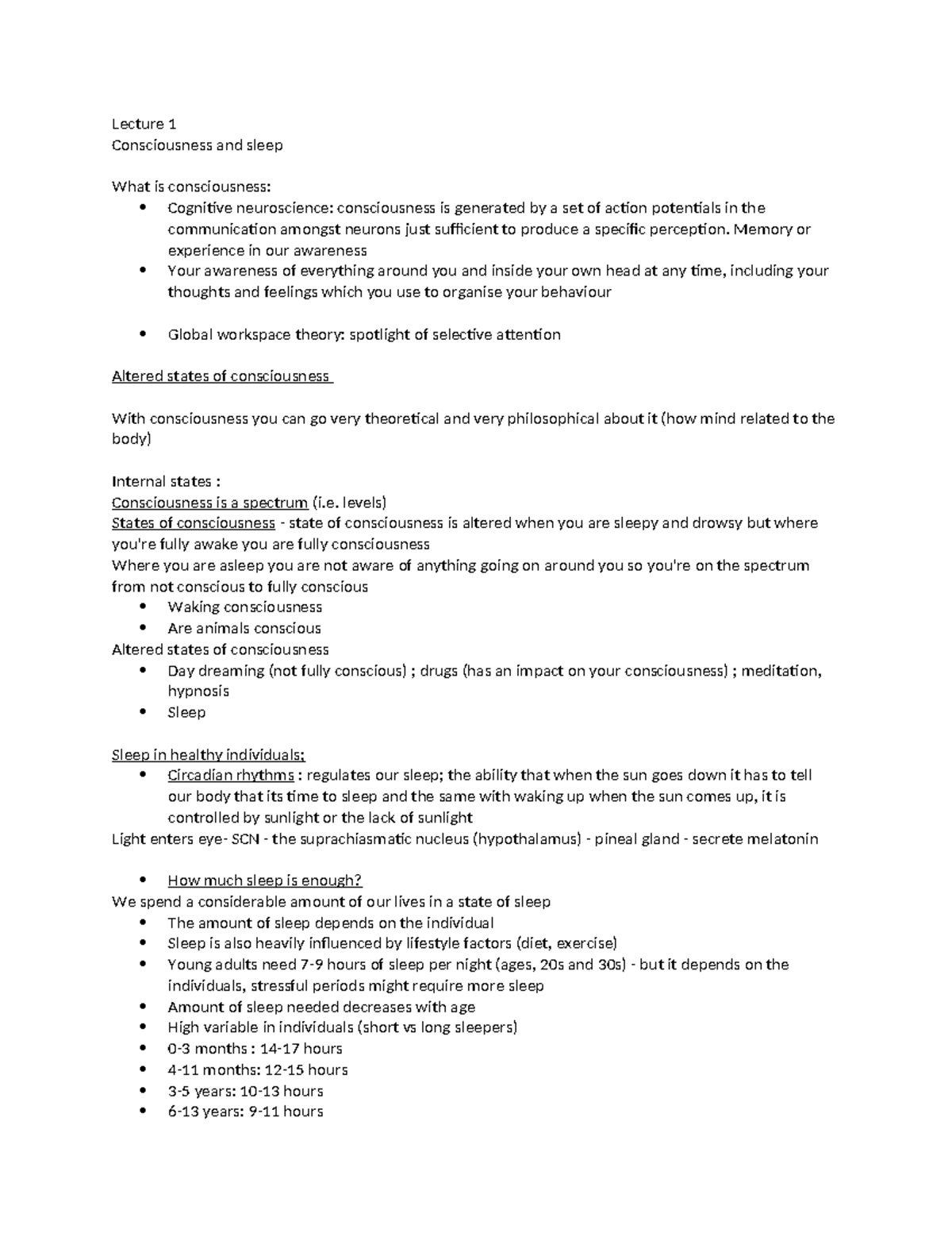 Psychology notes - Lecture 1 Consciousness and sleep What is ...