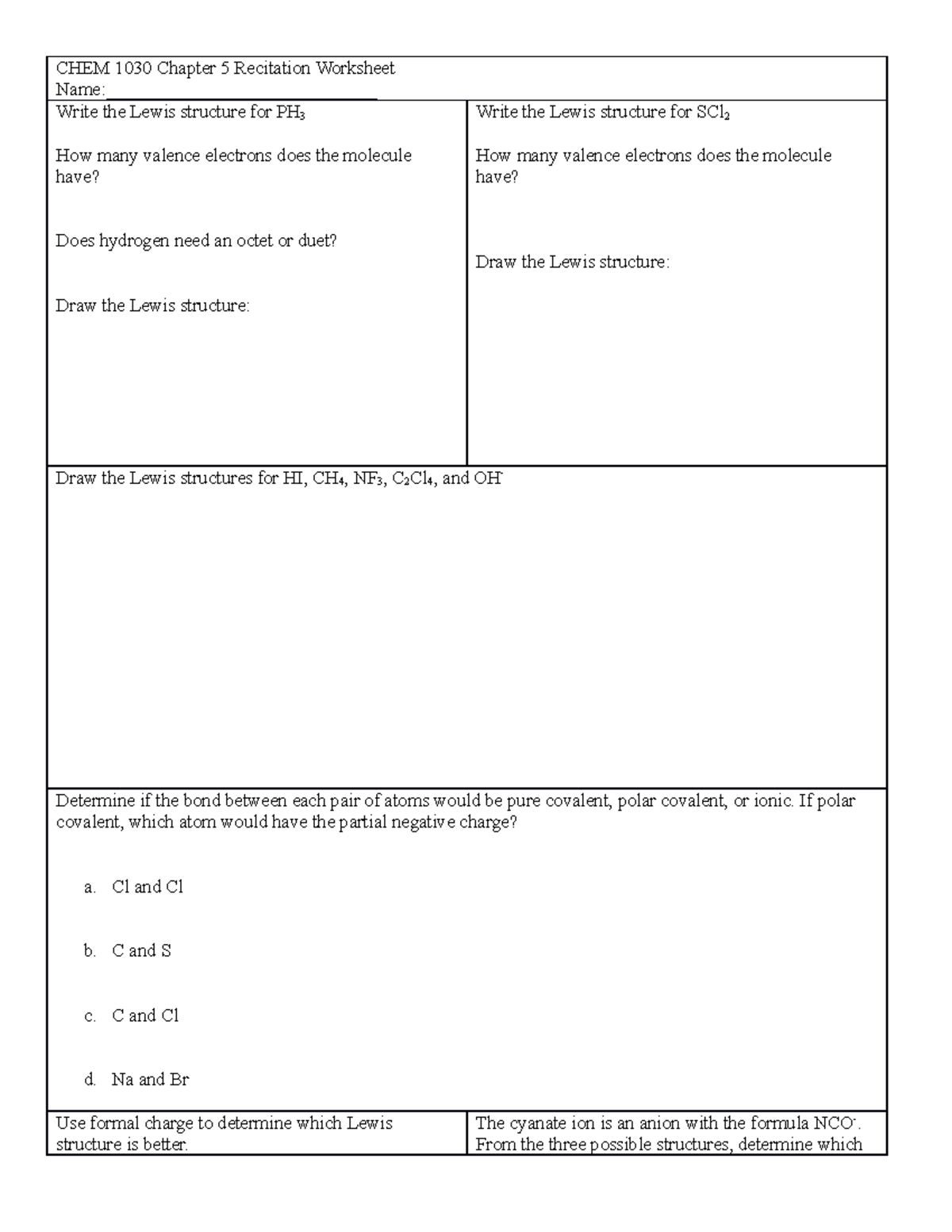 Ch5 Recitation Sheet - CHEM 1030 Chapter 5 Recitation Worksheet Name
