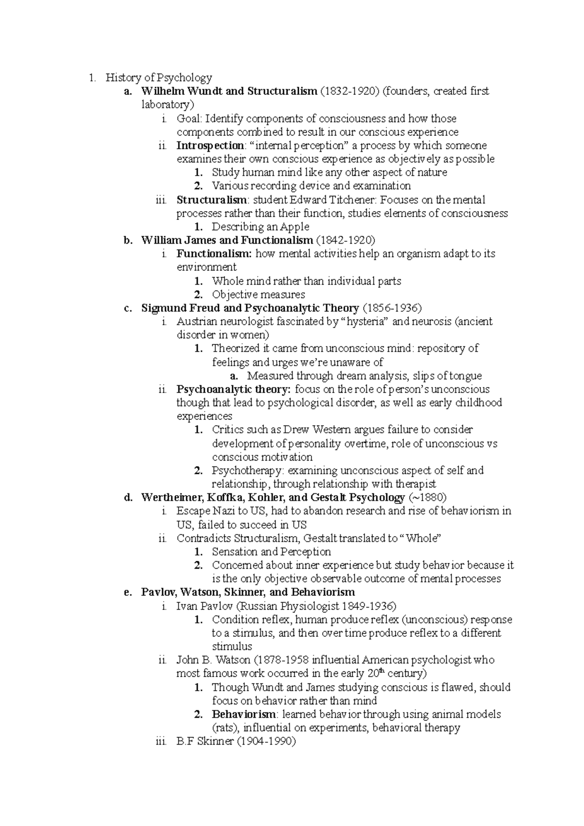 History Of Psychology Lecture Notes 1 History Of Psychology A Wilhelm Wundt And