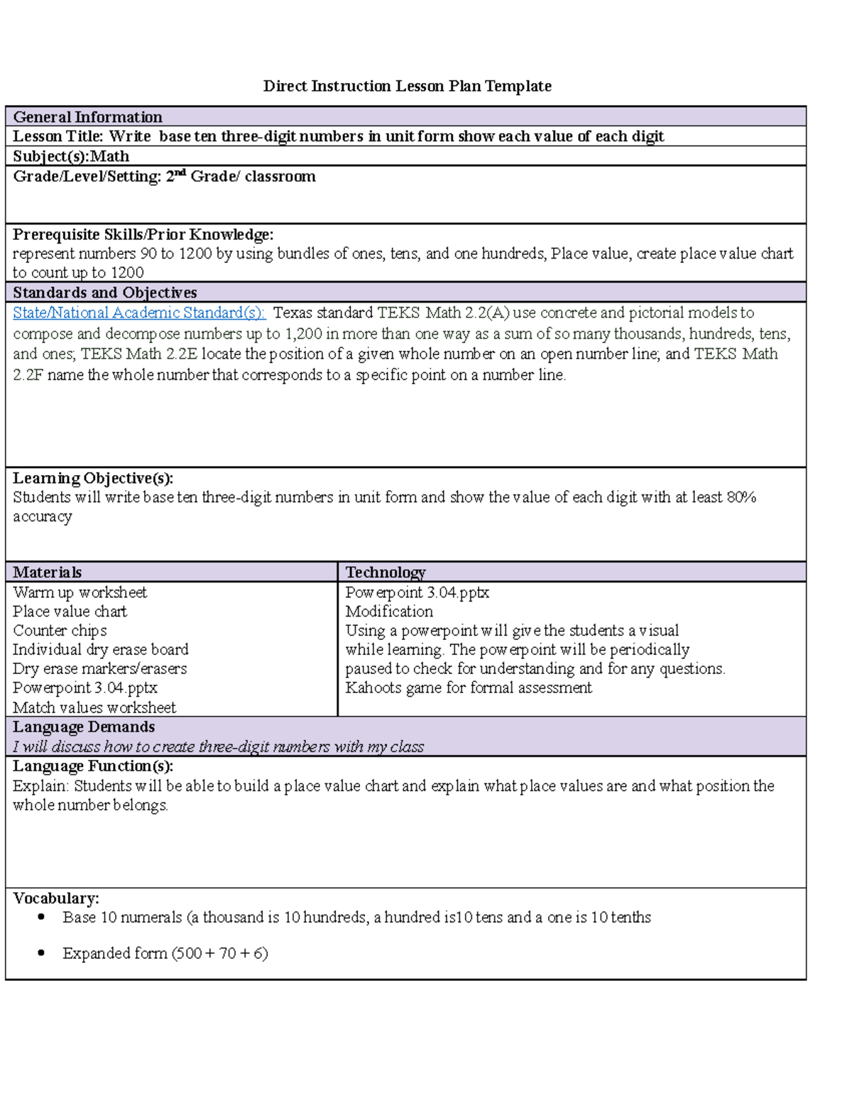 Task 1 Assessing Impact on Student Learning - Direct Instruction Lesson ...