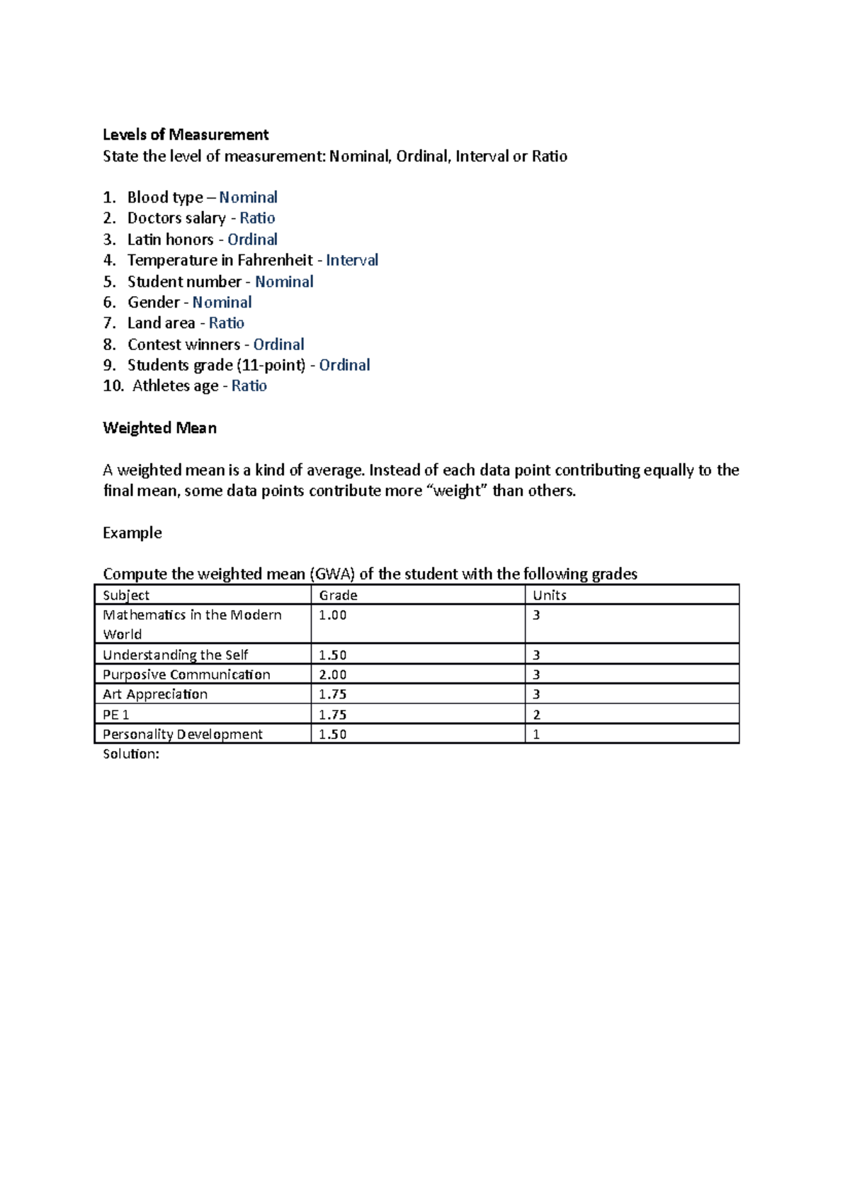 MATH Activity #2 - Levels of Measurement State the level of measurement ...