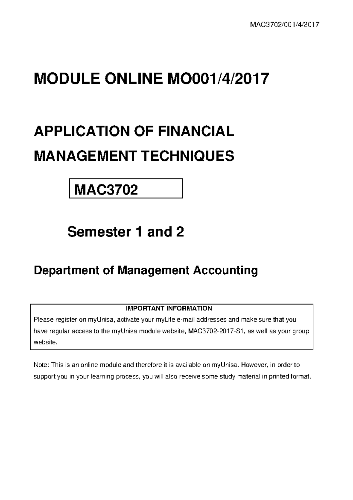 Application of Managerial Finance, Unisa MAC3702 - MAC3702/001/4 ...