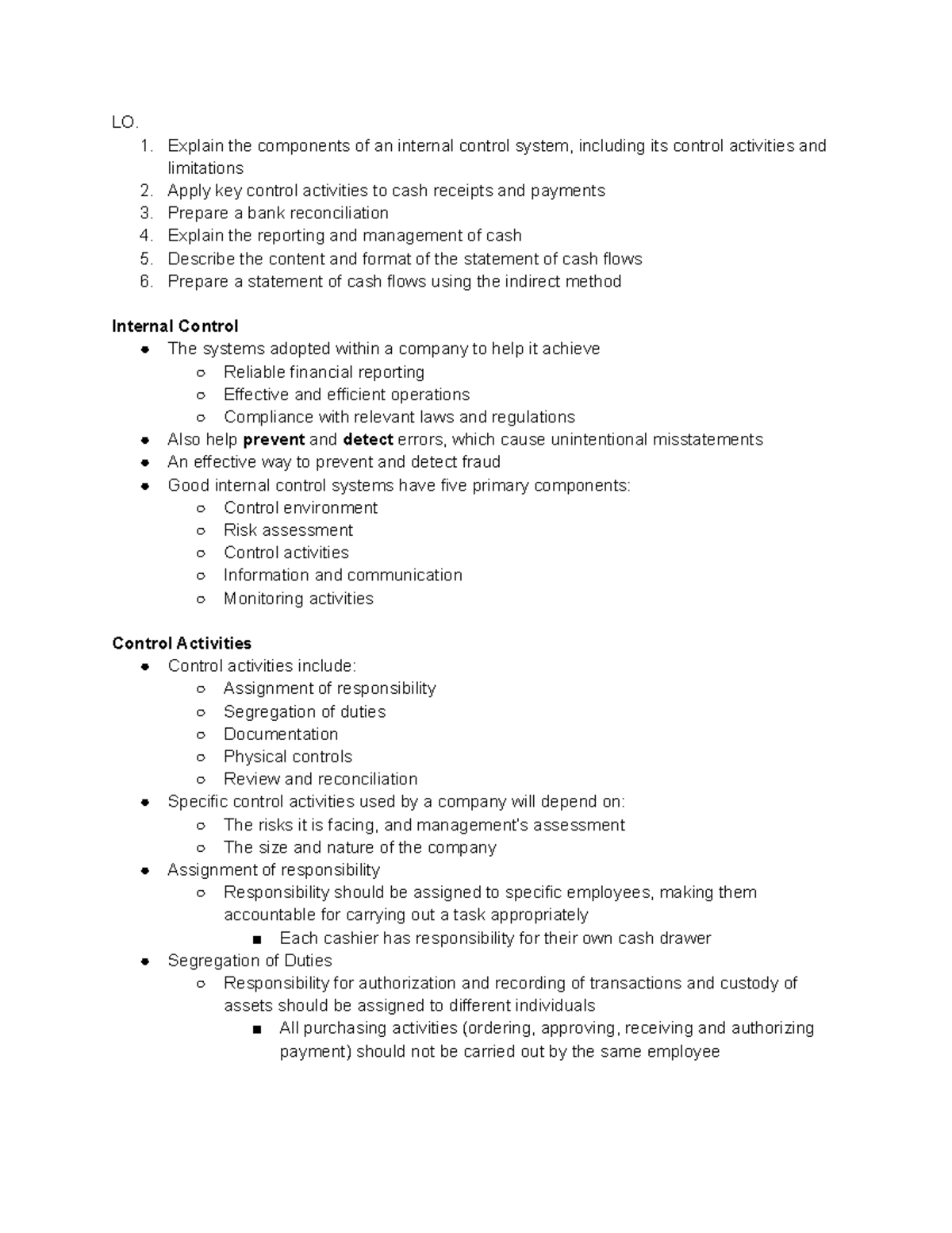 Internal Control notes - LO. Explain the components of an internal ...