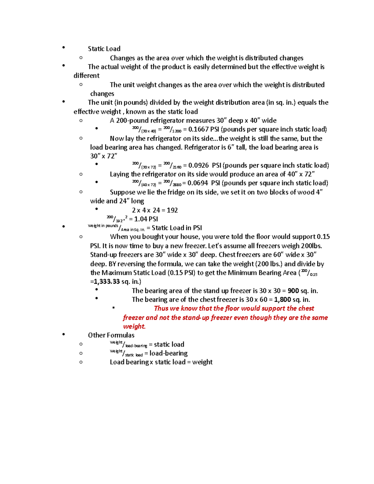 Static Load - Lecture notes Ch 208 - Static Load o Changes as the area ...