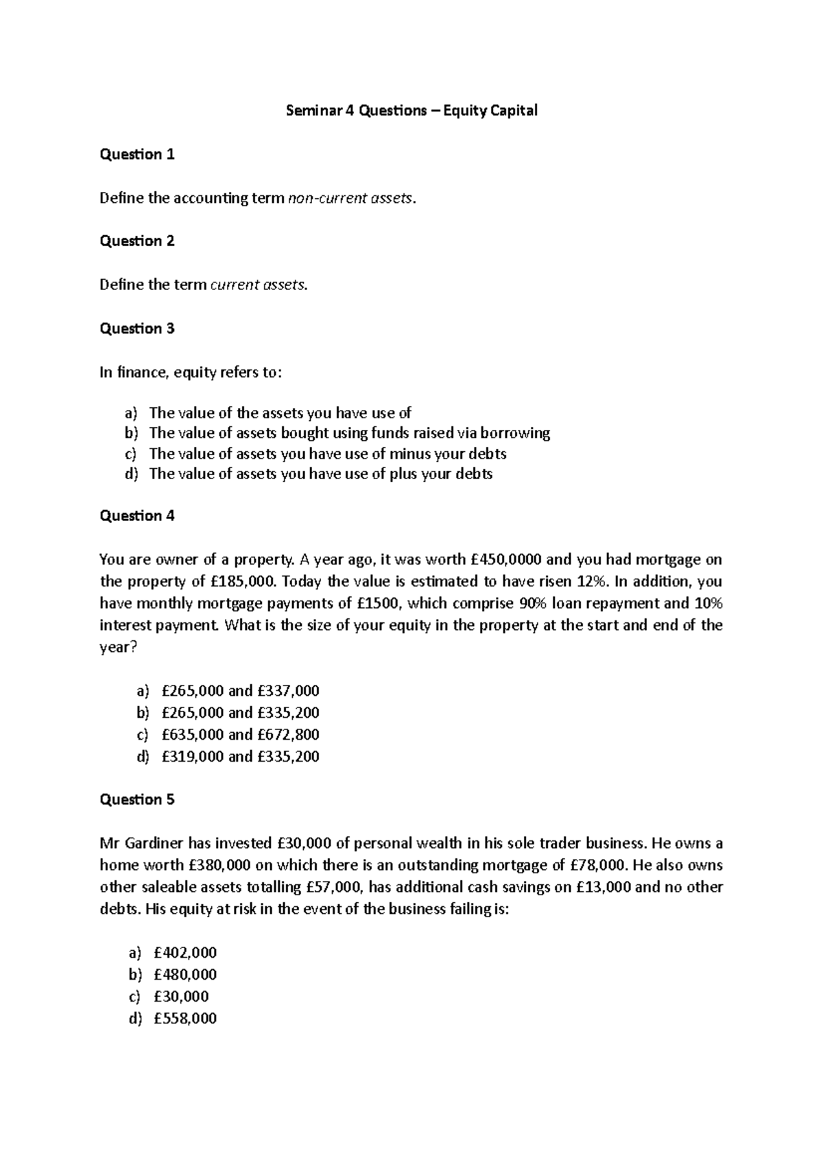 FIN1120 Seminar 4 Questions - Seminar 4 Questions – Equity Capital ...