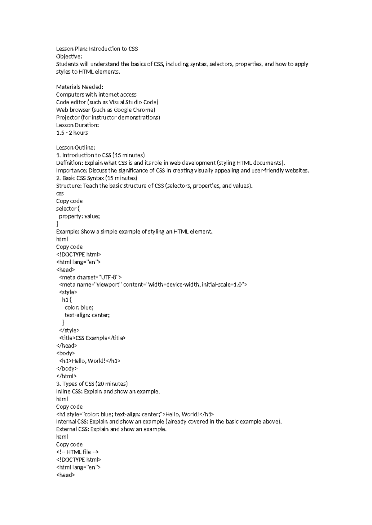 Css starter pack - Lesson Plan: Introduction to CSS Objective: Students will understand the ...