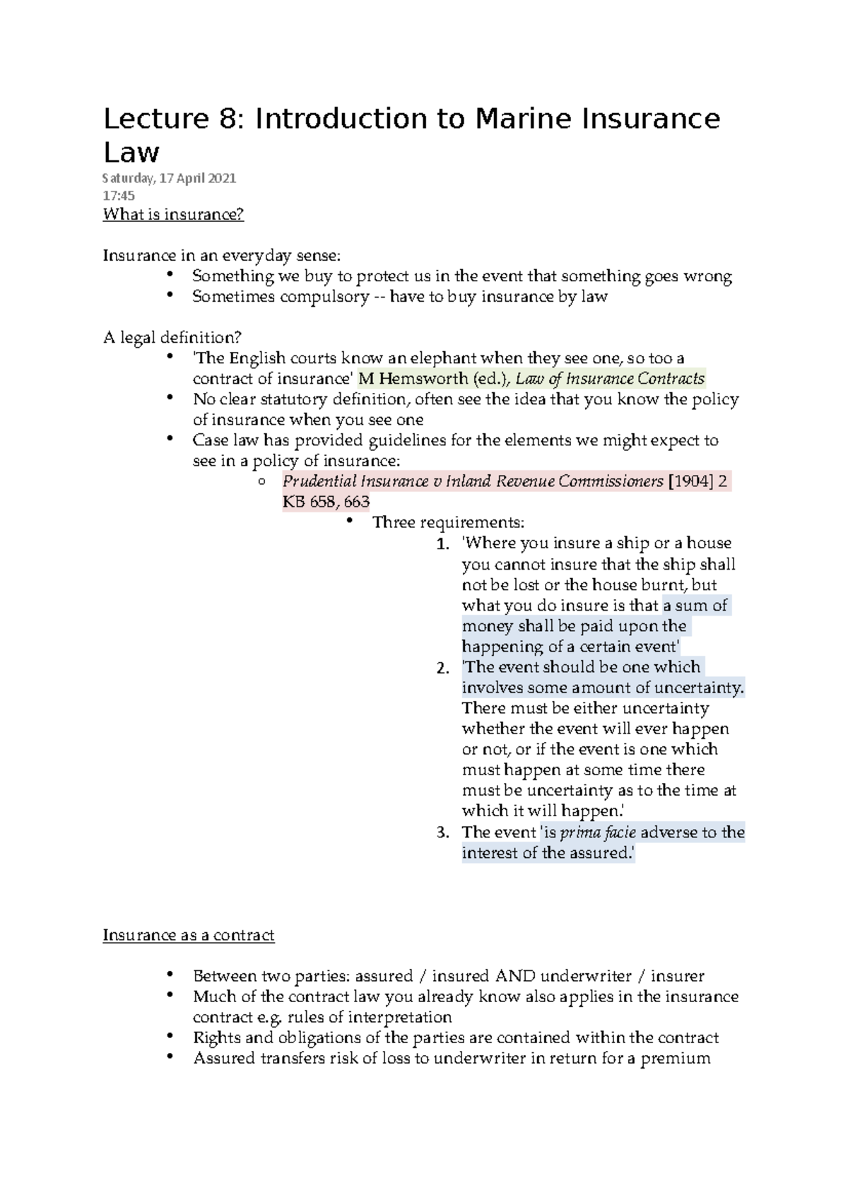 Introduction to Marine Insurance Law - Lecture 8: Introduction to ...