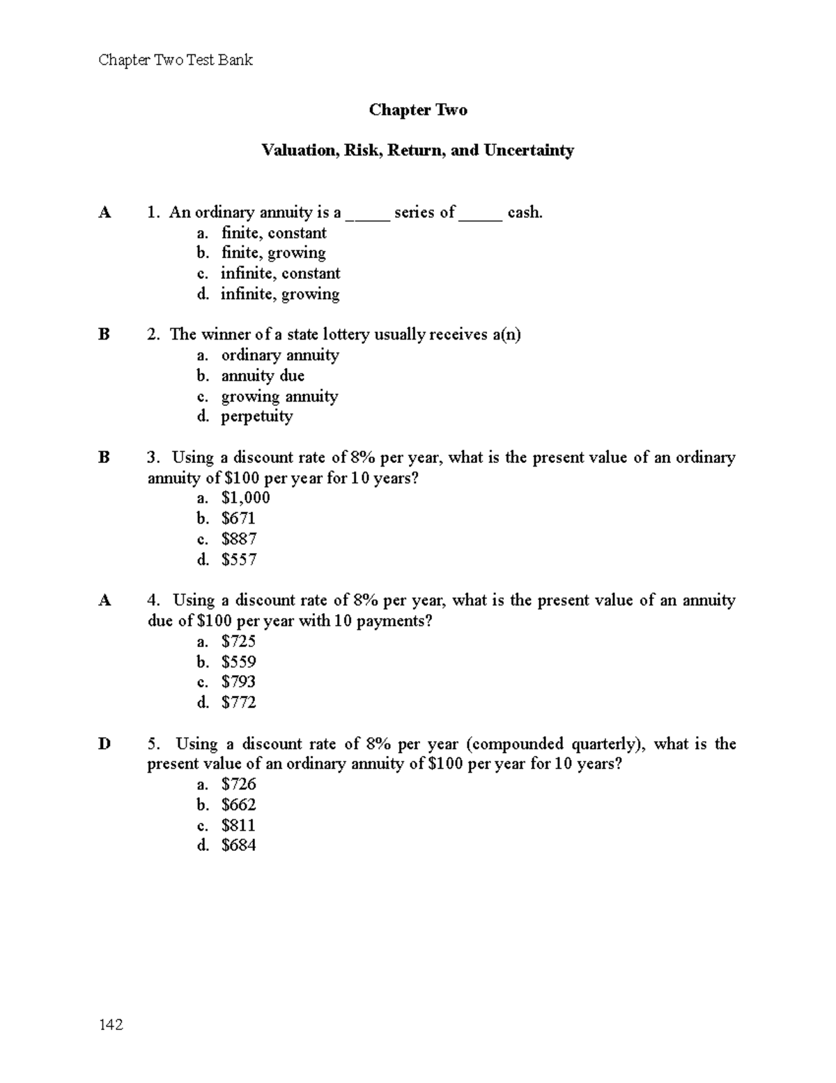 Chapter 2 multiple choice - Chapter Two Valuation, Risk, Return, and ...