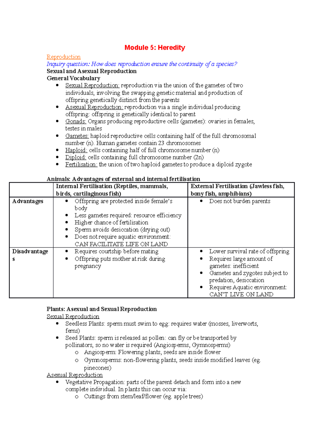Module 5 and 6 notes - Module 5: Heredity Reproduction Inquiry question ...
