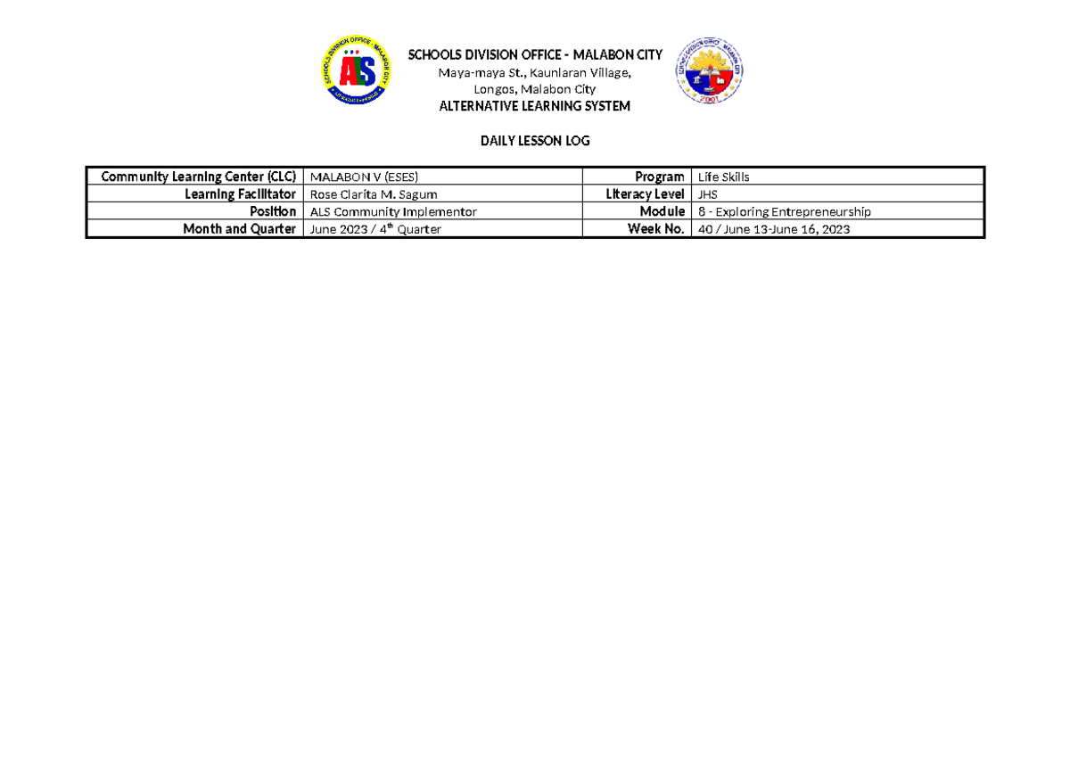 DLL Module 8 Act 2 - ALS LP - Bachelor of Secondary Education Major in ...