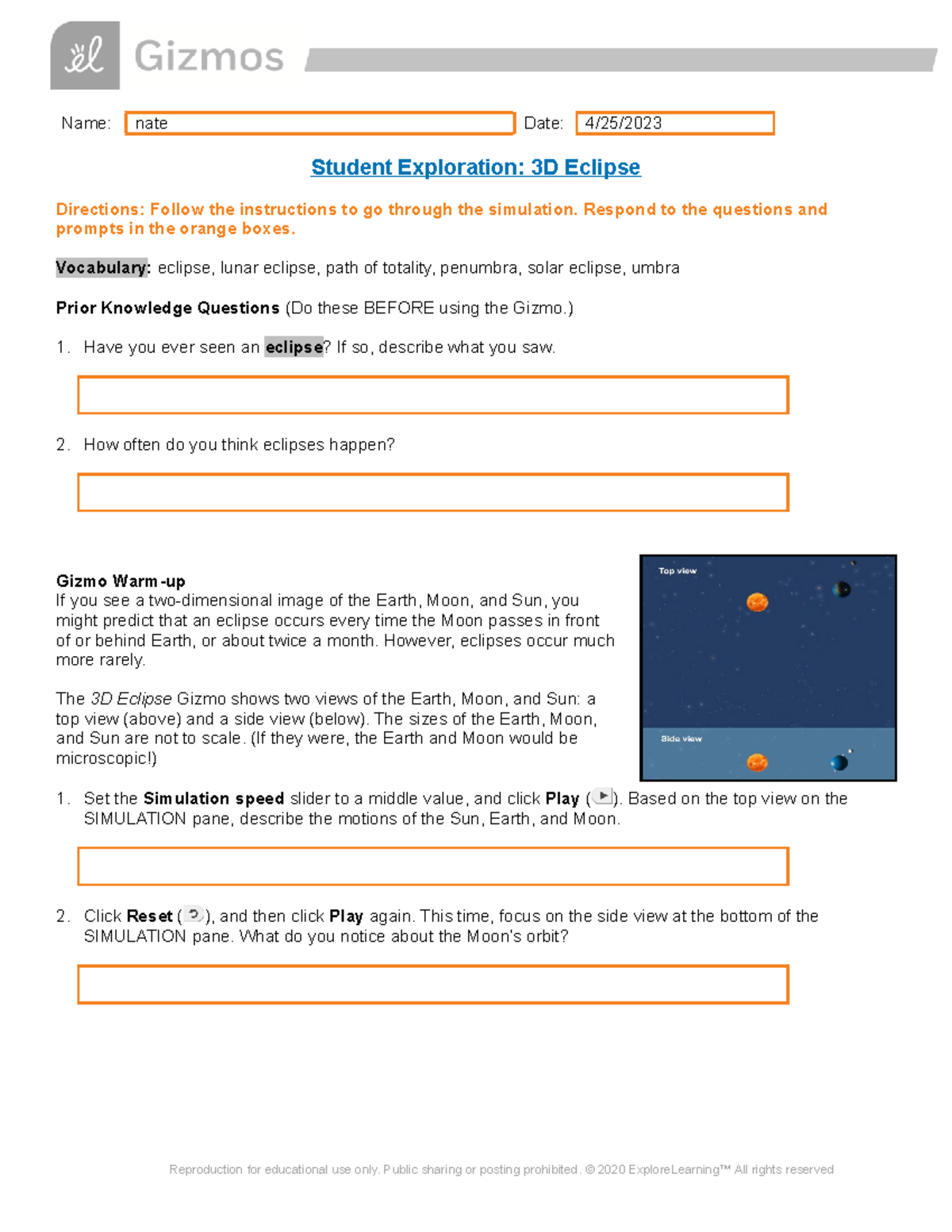 Copy of 3DEclipse SE - U Will love it - Name: nate Date: 4/25/ Student ...