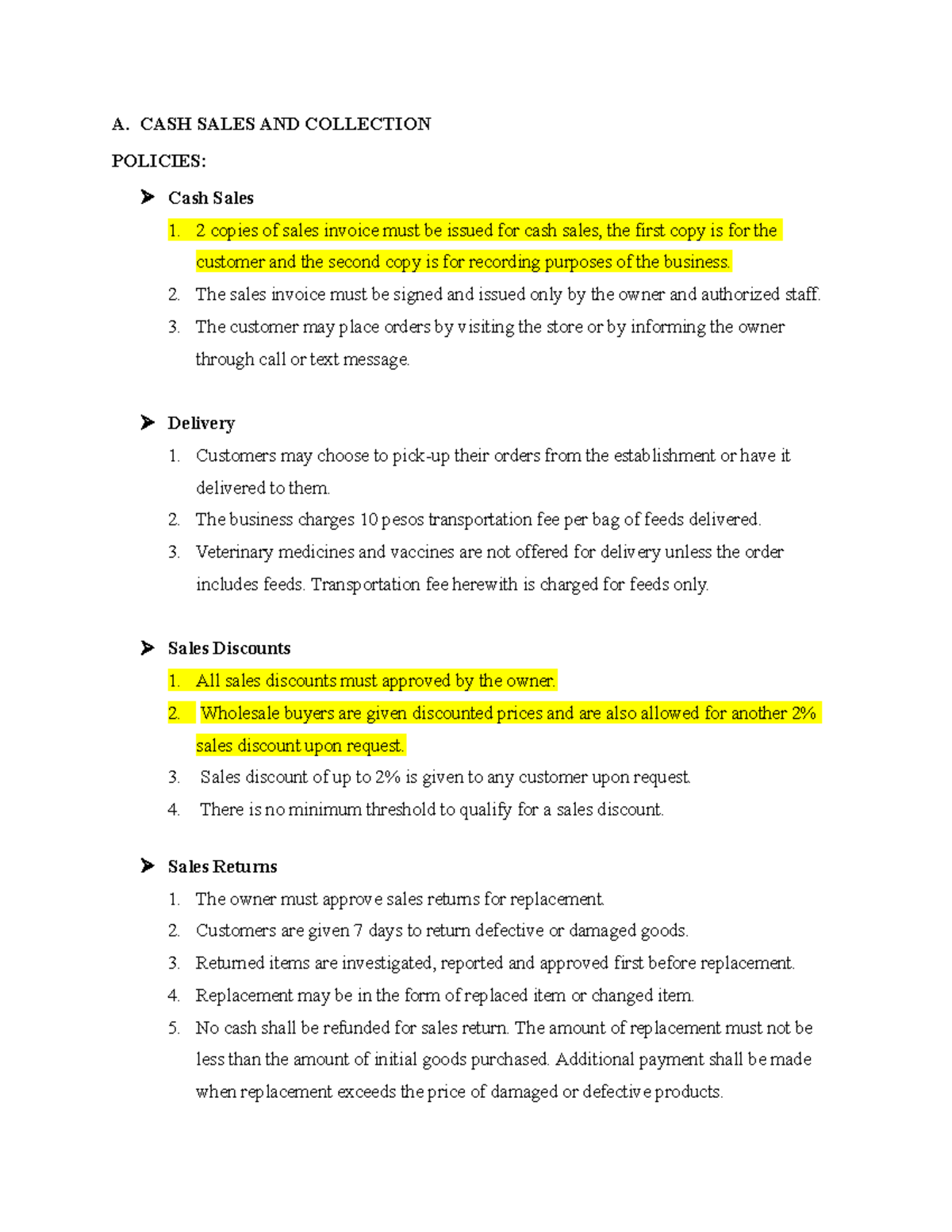 CASH Sales AND Collection - A. CASH SALES AND COLLECTION POLICIES: Cash ...