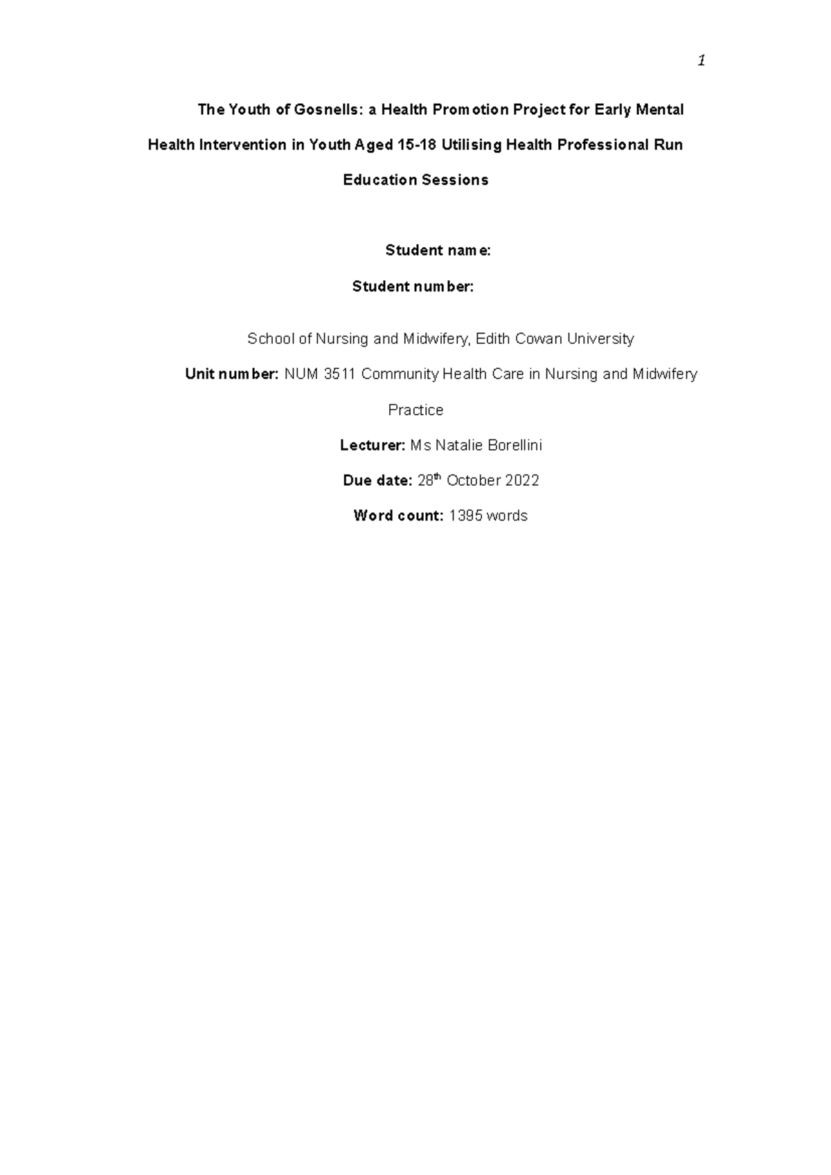 Youth Mental Health Promotion Project in Gosnells - Studocu