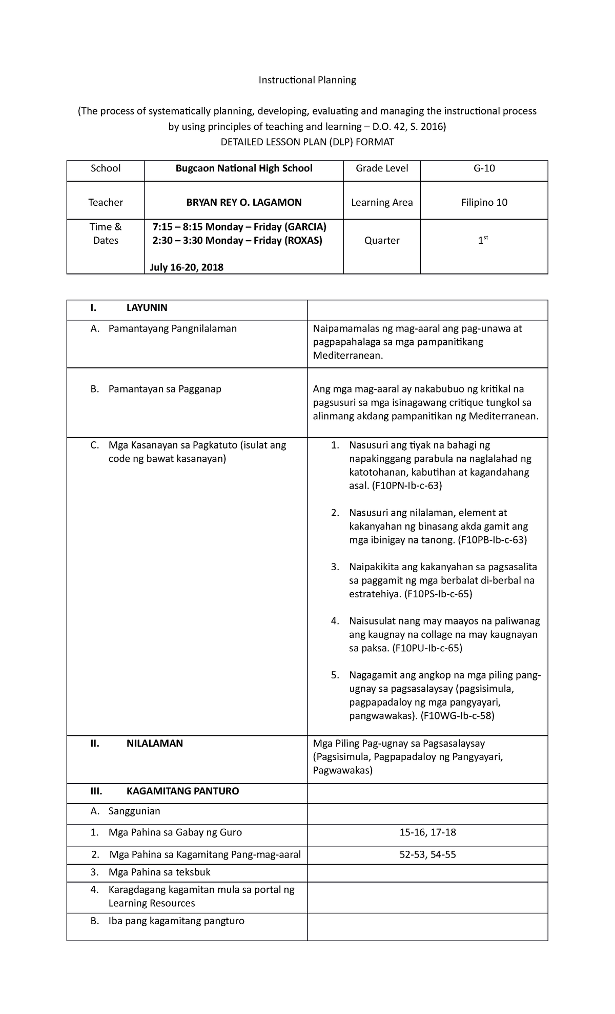 Daily Lesson PLAN Filipino 10 - Instructional Planning (The process of ...
