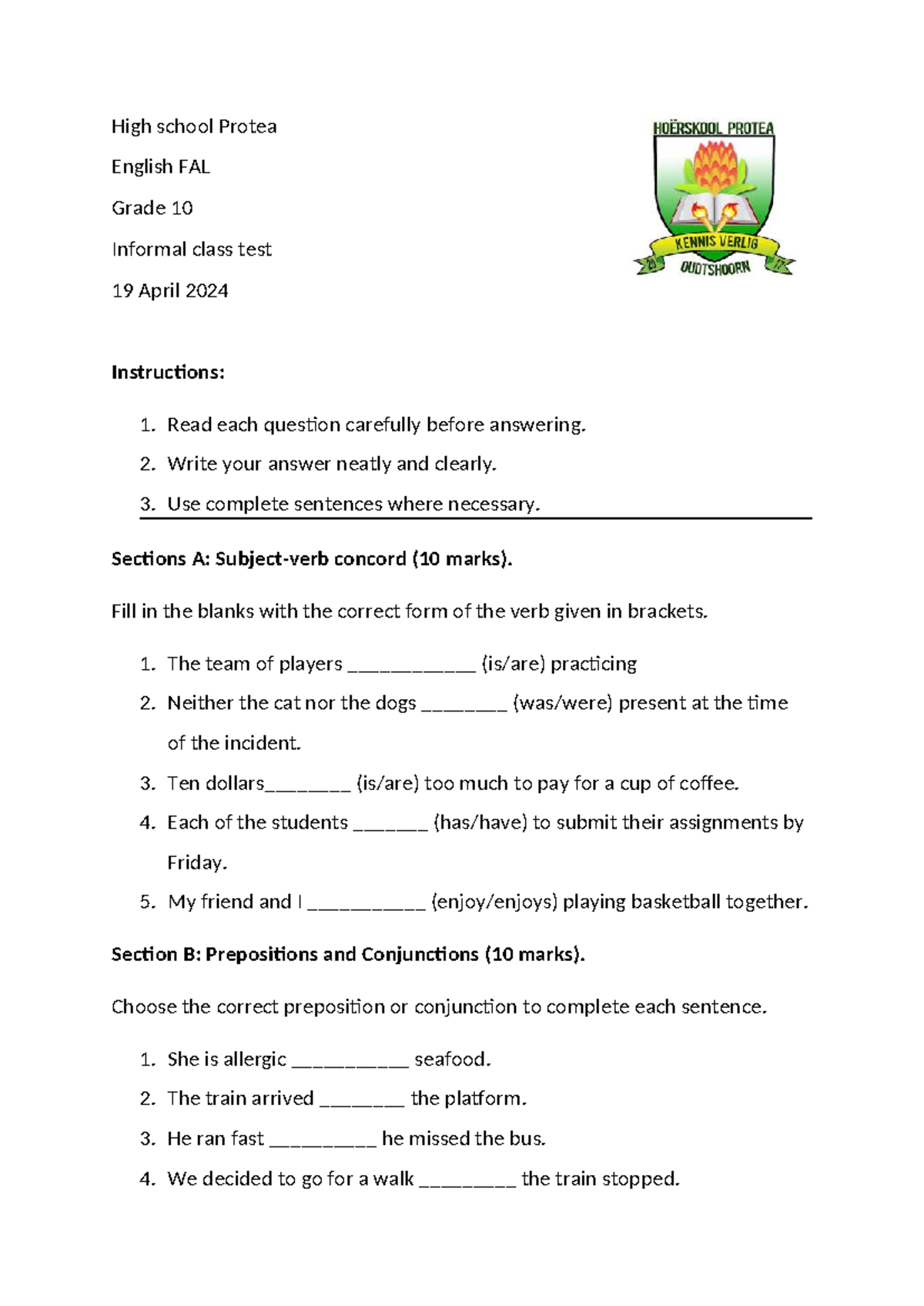 Grade 10 class test - High school Protea English FAL Grade 10 Informal ...