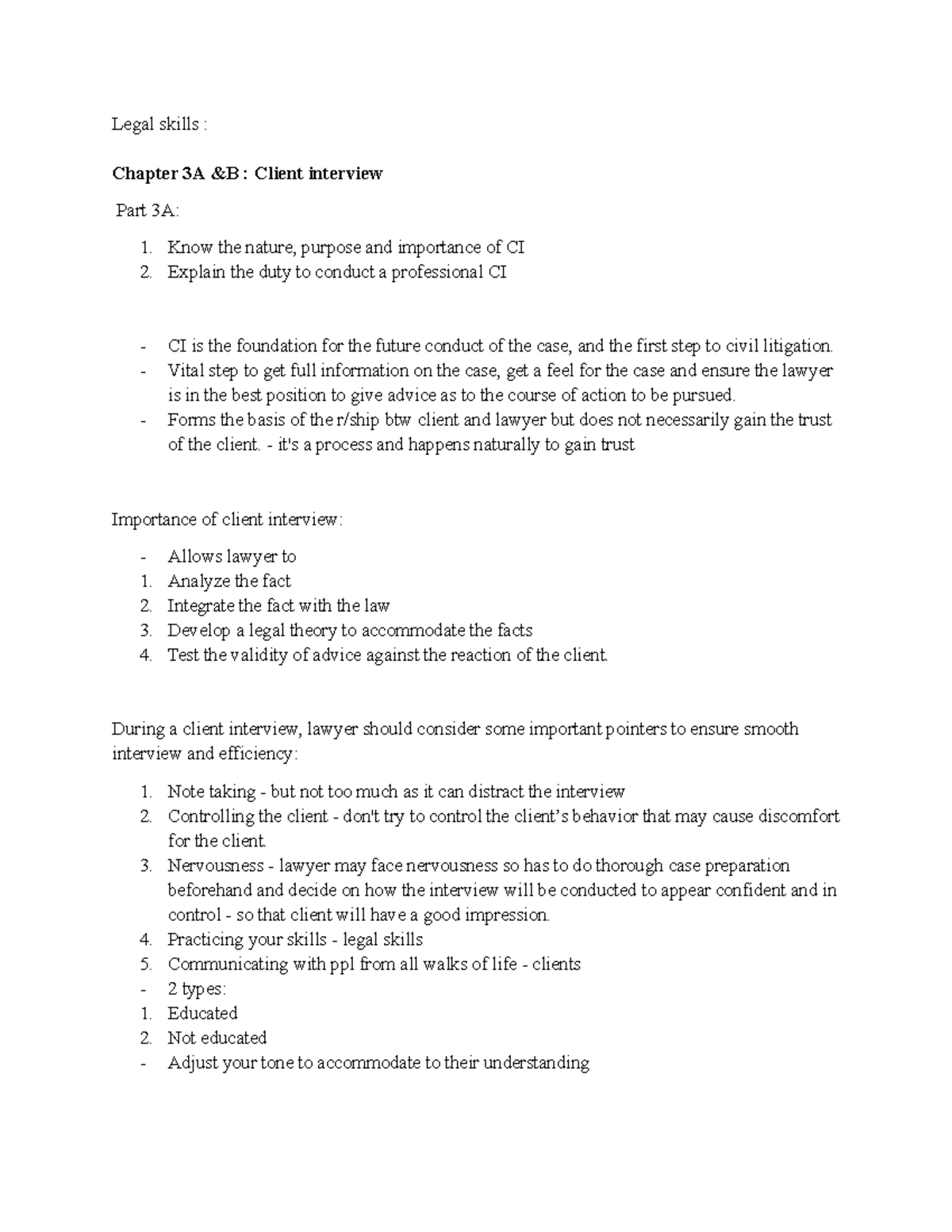 Legal Skills notes - Legal skills : Chapter 3A &B : Client interview ...