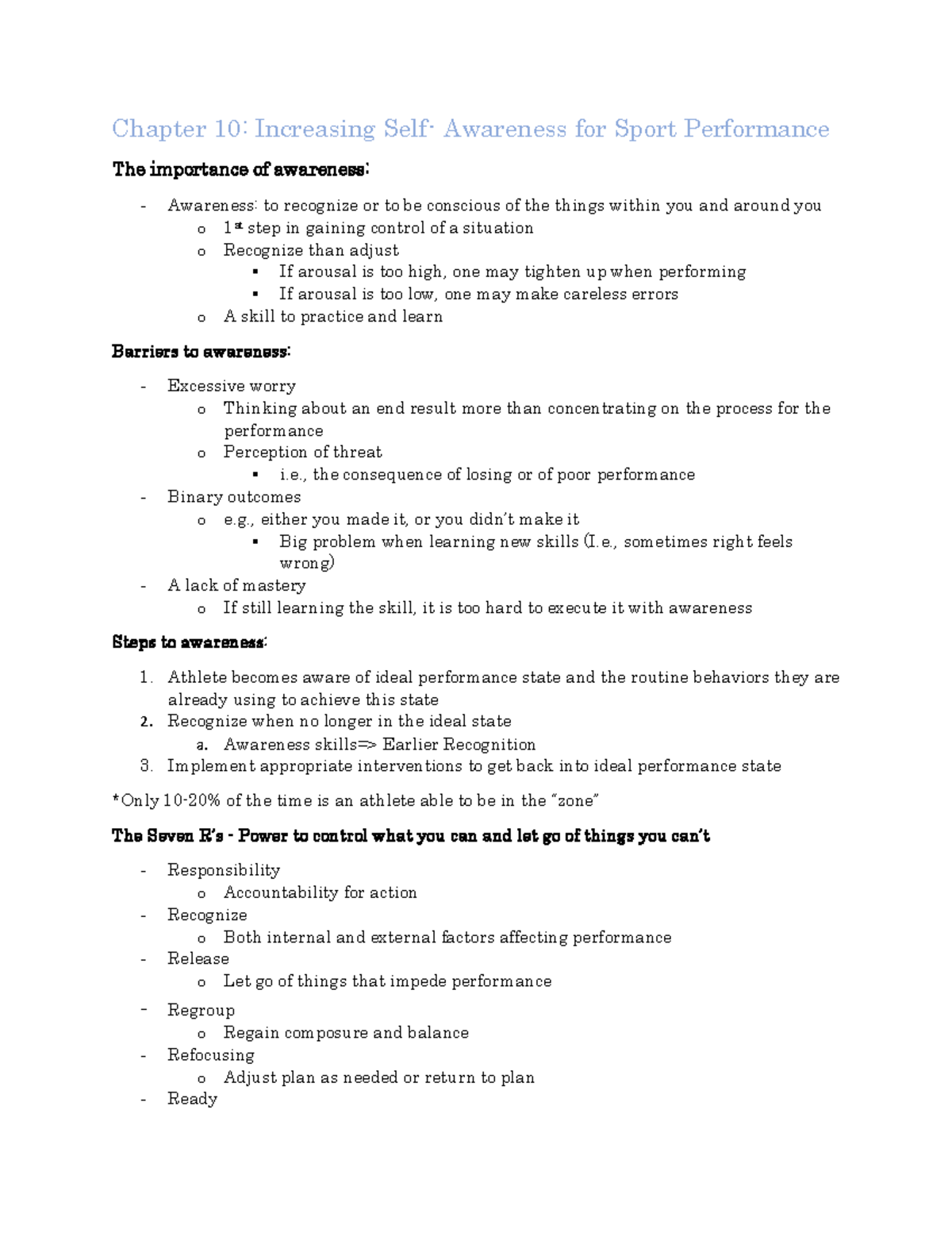 Chapter 10 Psych 380 - Chapter 10: Increasing Self- Awareness for Sport ...