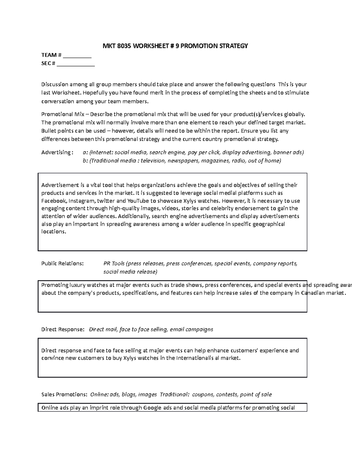 9- Promotion Strategy - hrm - MKT 8035 WORKSHEET # 9 PROMOTION STRATEGY ...