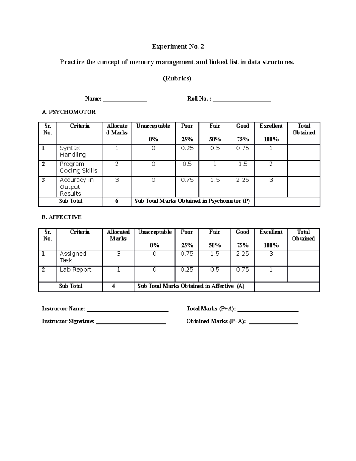Lab manuals of DSA - Experiment No. 2 Practice the concept of memory management and linked list ...