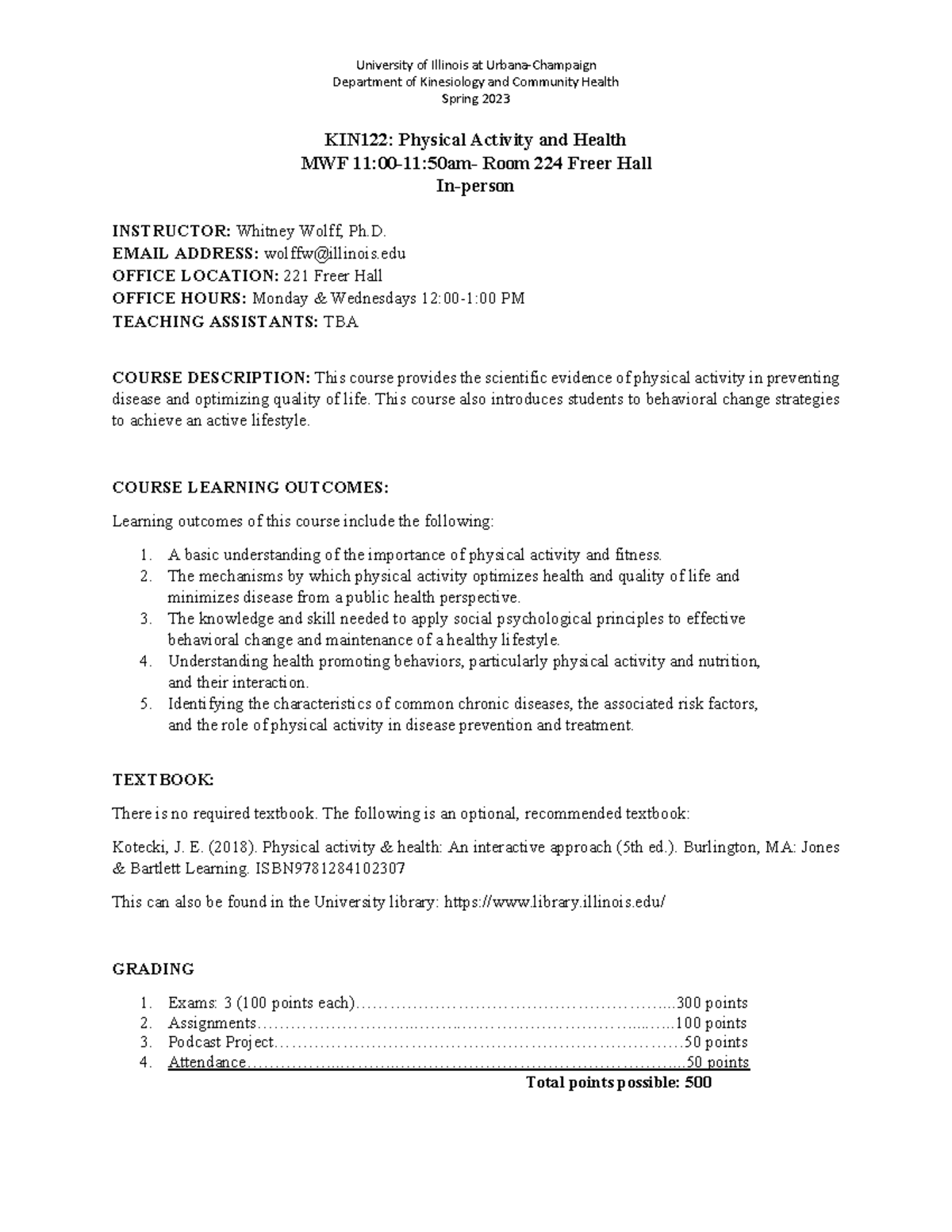 KIN122 Syllabus-Spring 2023 - Department of Kinesiology and Community ...