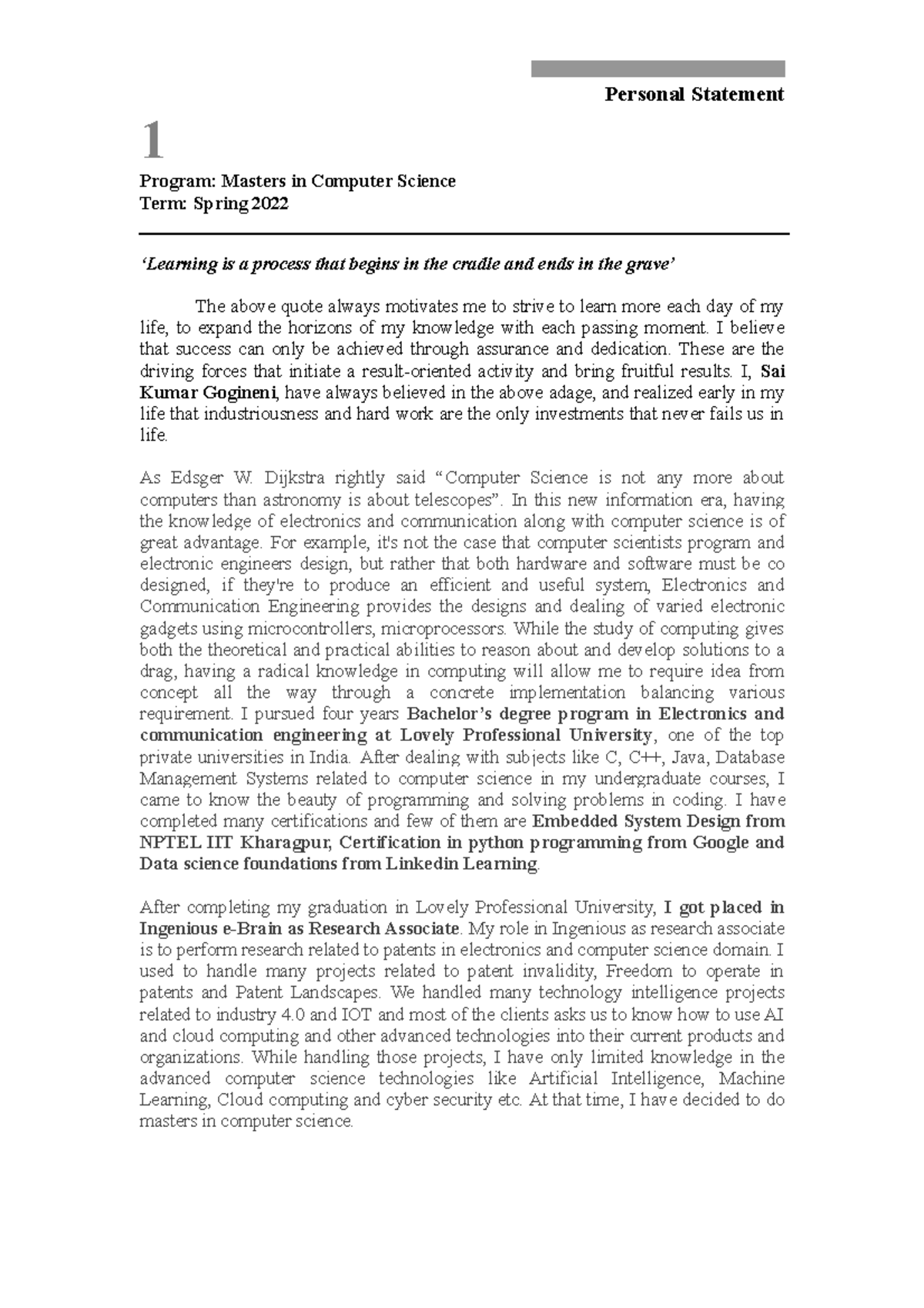 SOP Sai - erhosoijwp - Personal Statement 1 Program: Masters in ...