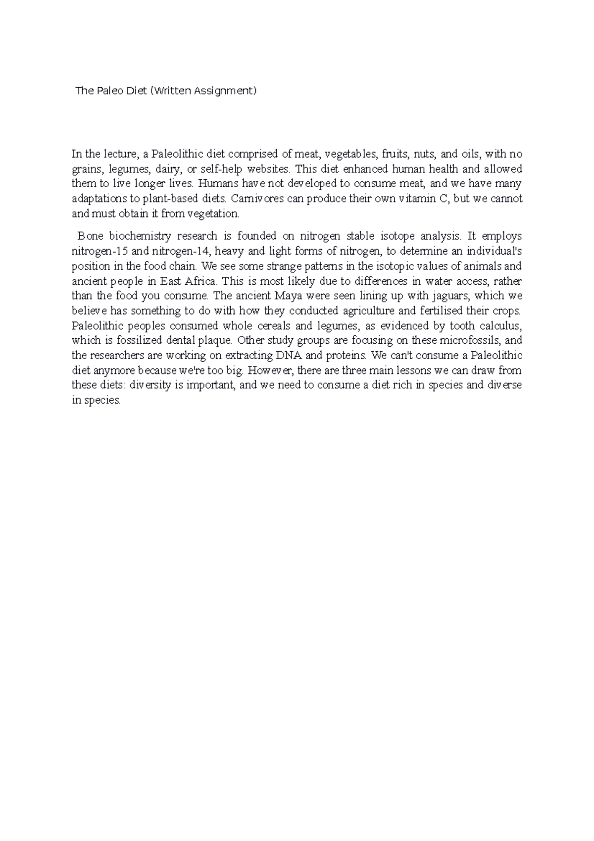 The Paleo Diet (Written Assignment) - This diet enhanced human health ...