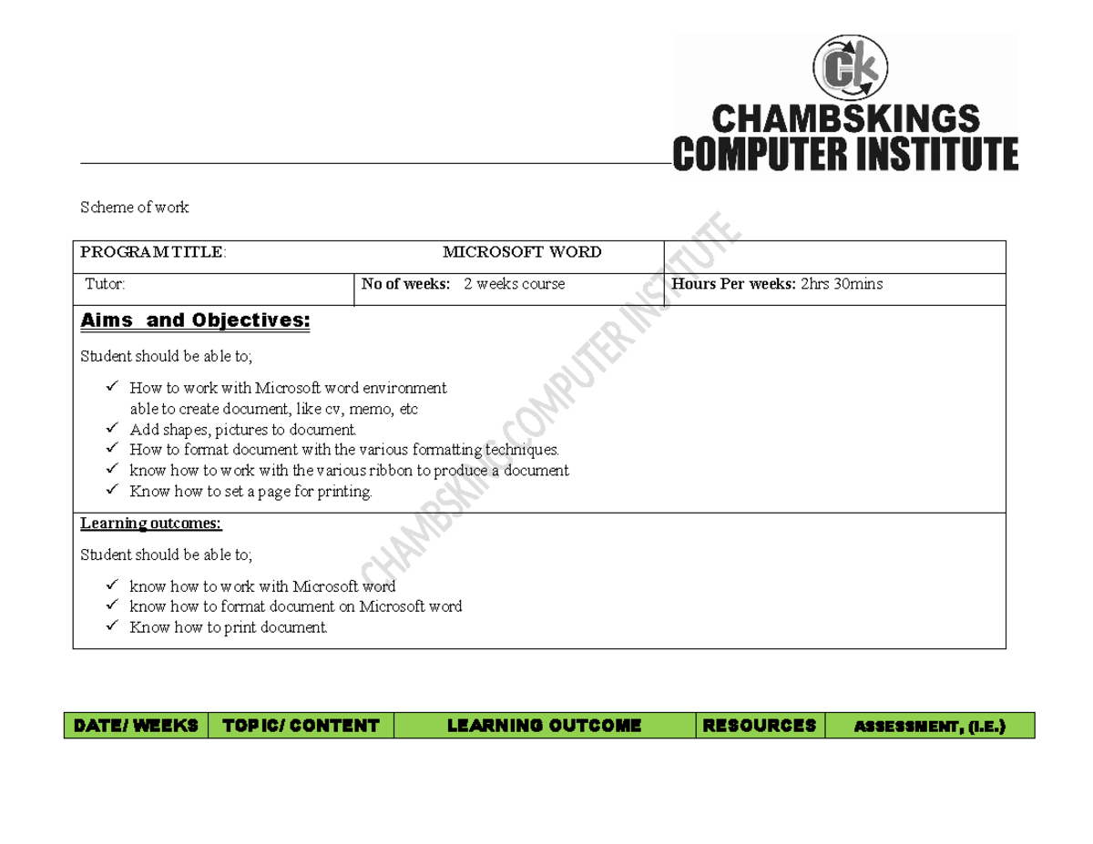 Scheme of work microsoft word - Scheme of work PROGRAM TITLE: MICROSOFT ...
