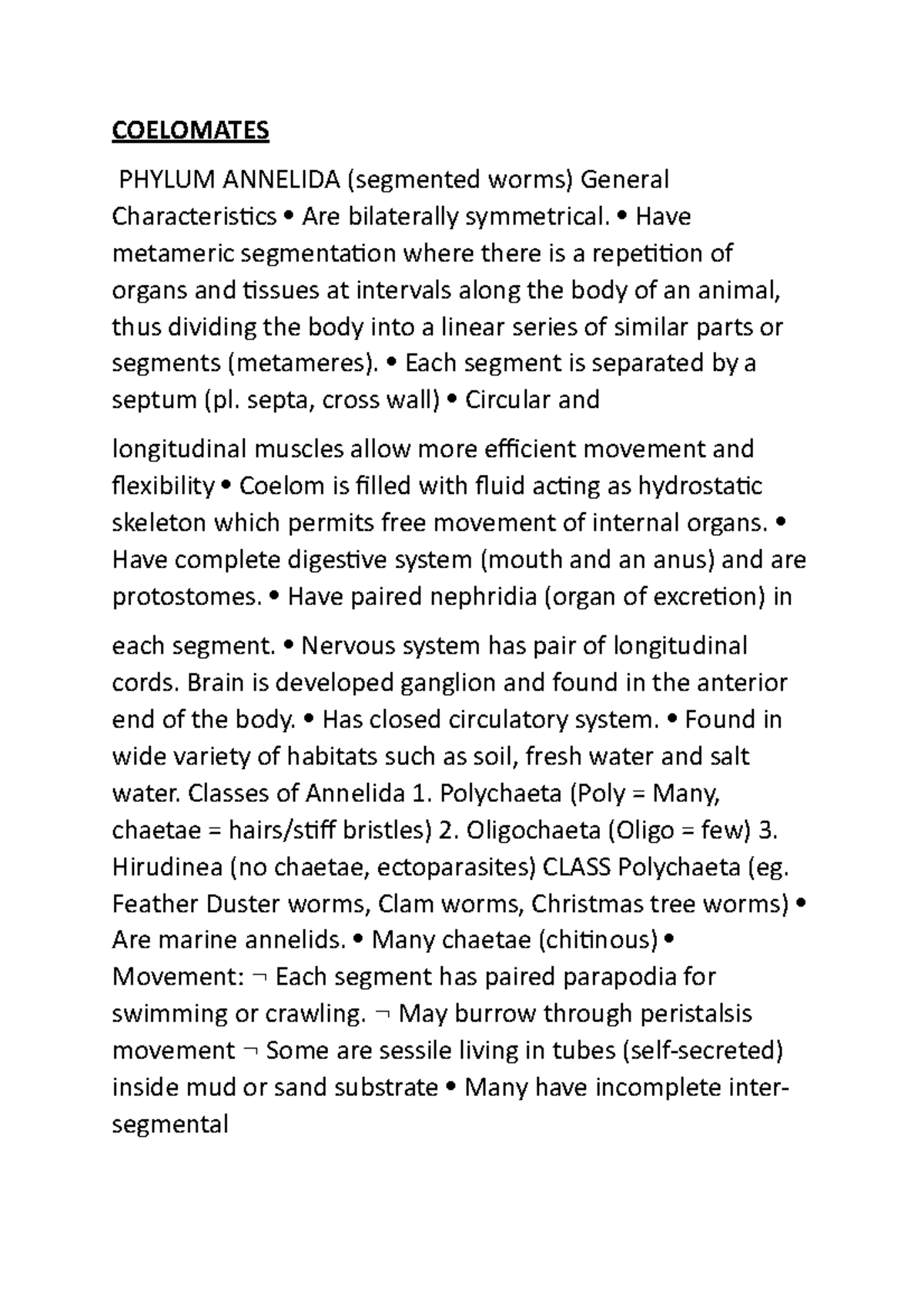 Coelomates - GST - COELOMATES PHYLUM ANNELIDA (segmented worms) General ...