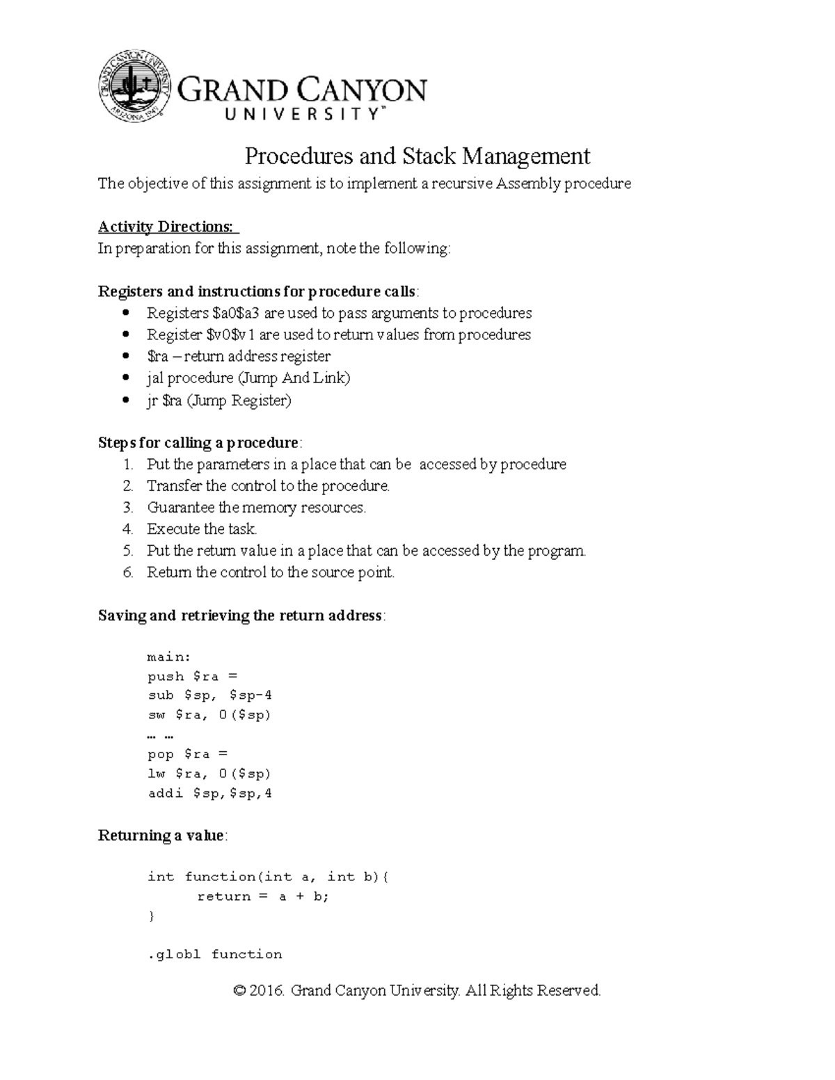 Cst 307 rs proceduresstackmanagement Spring 2023 - Procedures and Stack ...