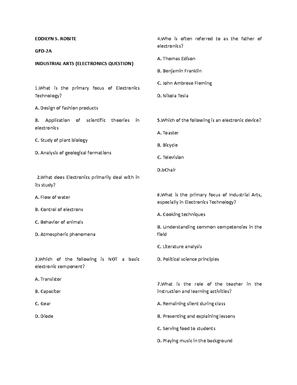 Electronic 50 Questions & Answer KEY - EDDILYN S. ROBITE GFD-2A ...