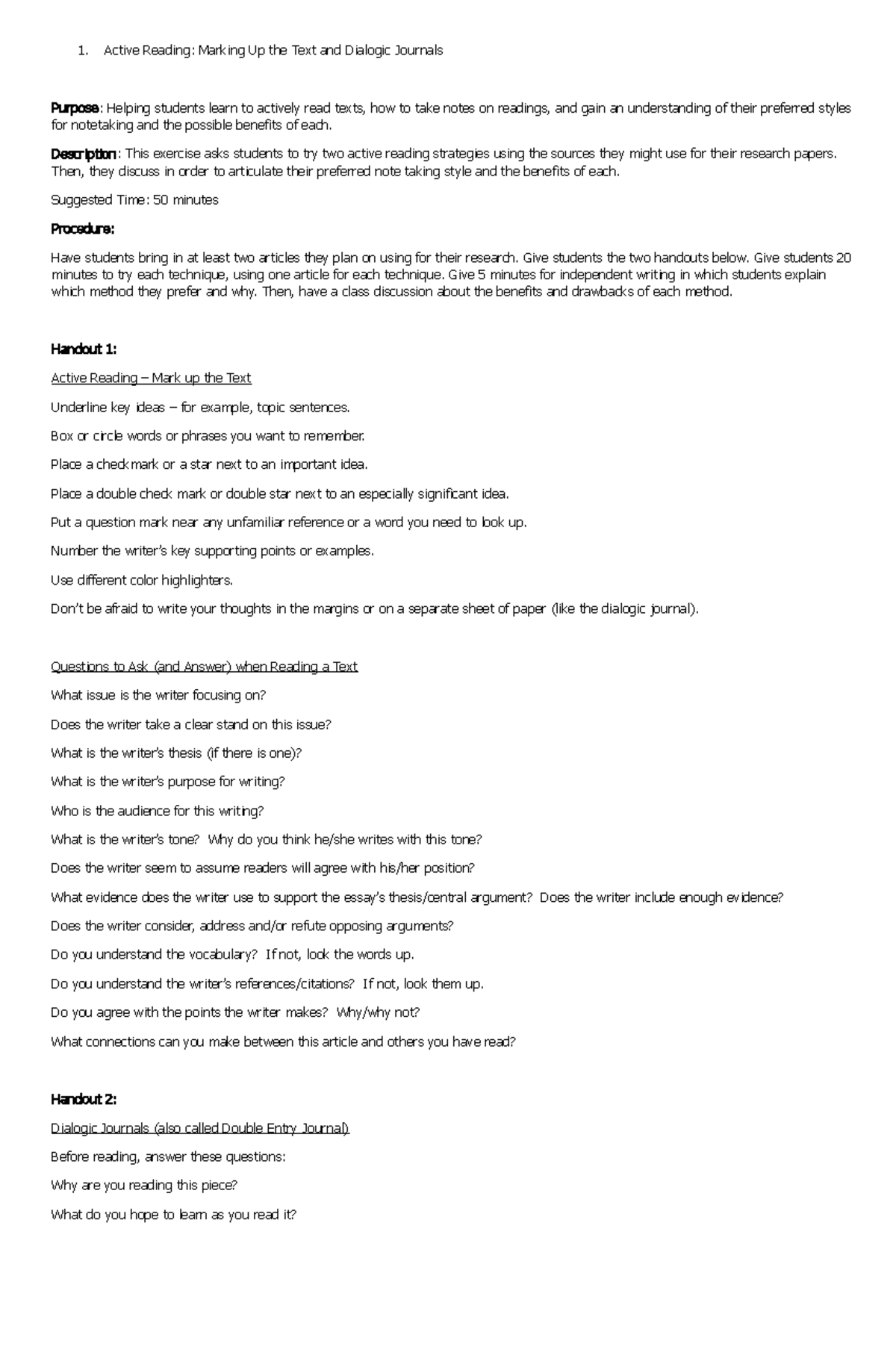 Critical reading Reading and Writing - Active Reading: Marking Up the ...