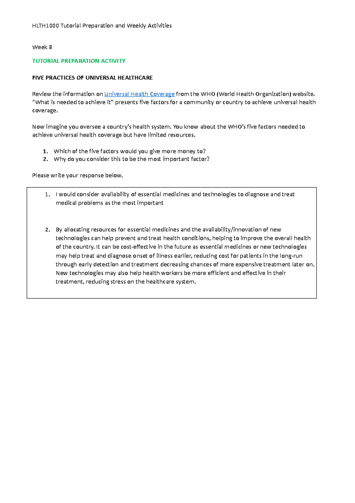 Week 8 tutorial preparation and weekly activities - HLTH1000 Tutorial Preparation and Weekly ...