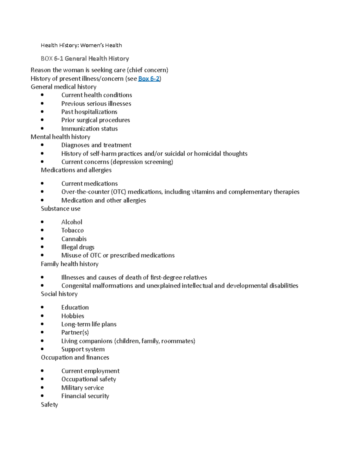 Health History Note Taking - Health History: Women’s Health BOX 6-1 ...