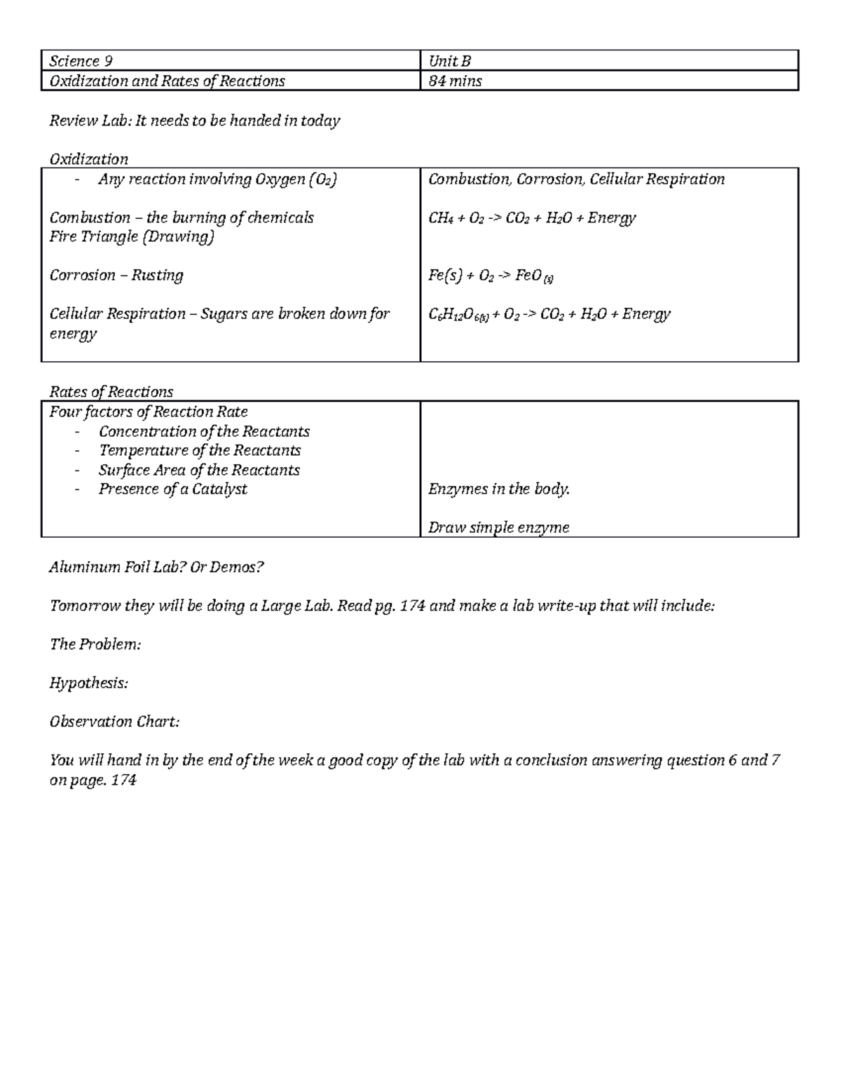 Review notes - 3 - Science 9 Unit B Oxidization and Rates of Reactions ...