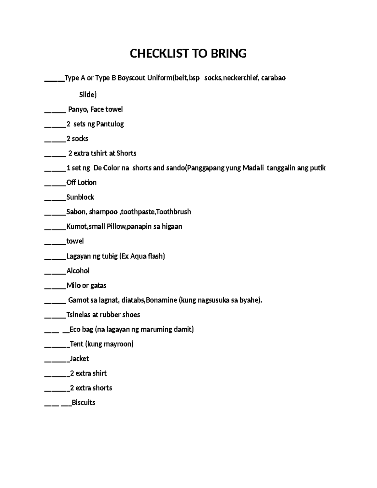 Checklist-TO- Bring - CHECKLIST TO BRING ___Type A or Type B Boyscout ...
