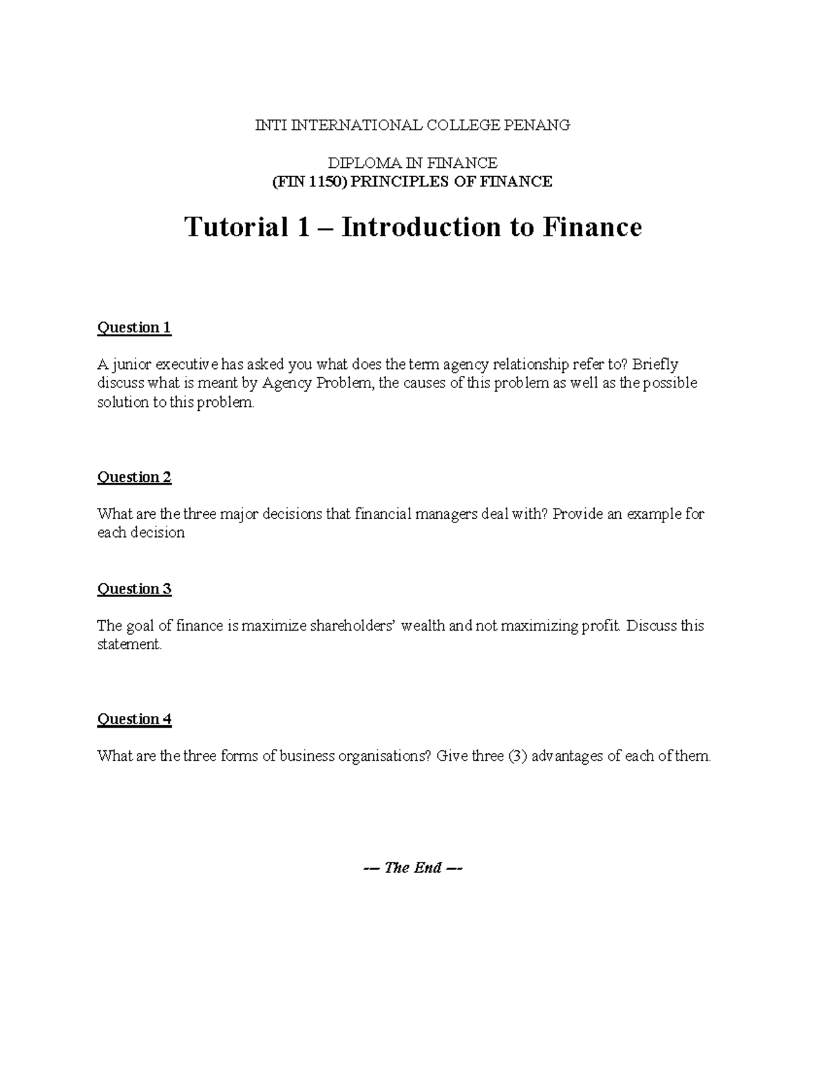 Tutorial - Lecture 1 - Diploma in Finance - INTI INTERNATIONAL COLLEGE ...