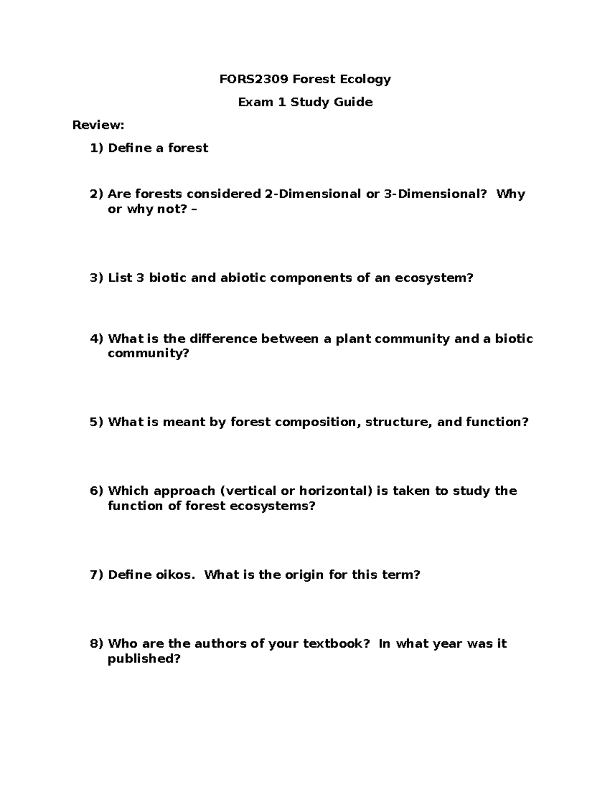 FORS2309 Exam 1 Study Guide (blanks) - FORS2309 Forest Ecology Exam 1 ...