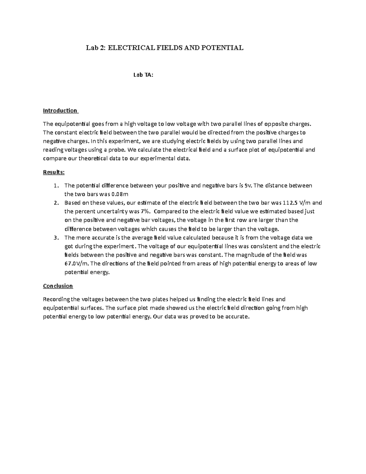 Lab 2 - Example of lab - Lab 2: ELECTRICAL FIELDS AND POTENTIAL Lab TA ...