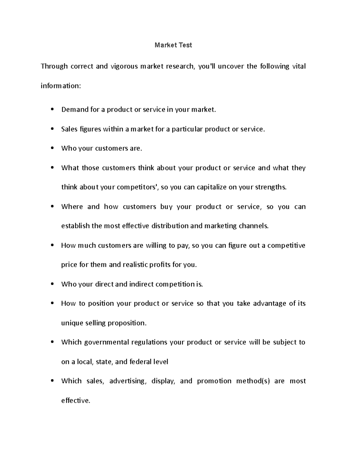 Market Test - Study materials for this course to help students ...