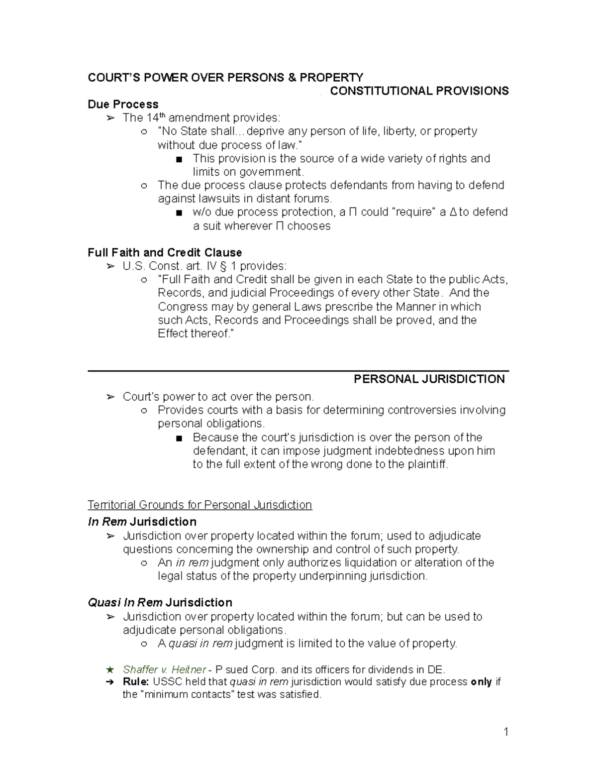 Final Civ Pro Outline - COURT’S POWER OVER PERSONS & PROPERTY ...