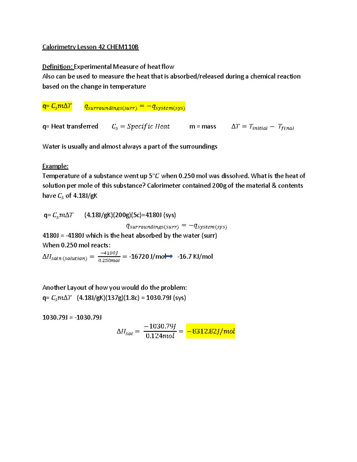 CHEM 110B Lecture 42 Calorimetry PG1 - Calorimetry Lesson 42 CHEM110B ...