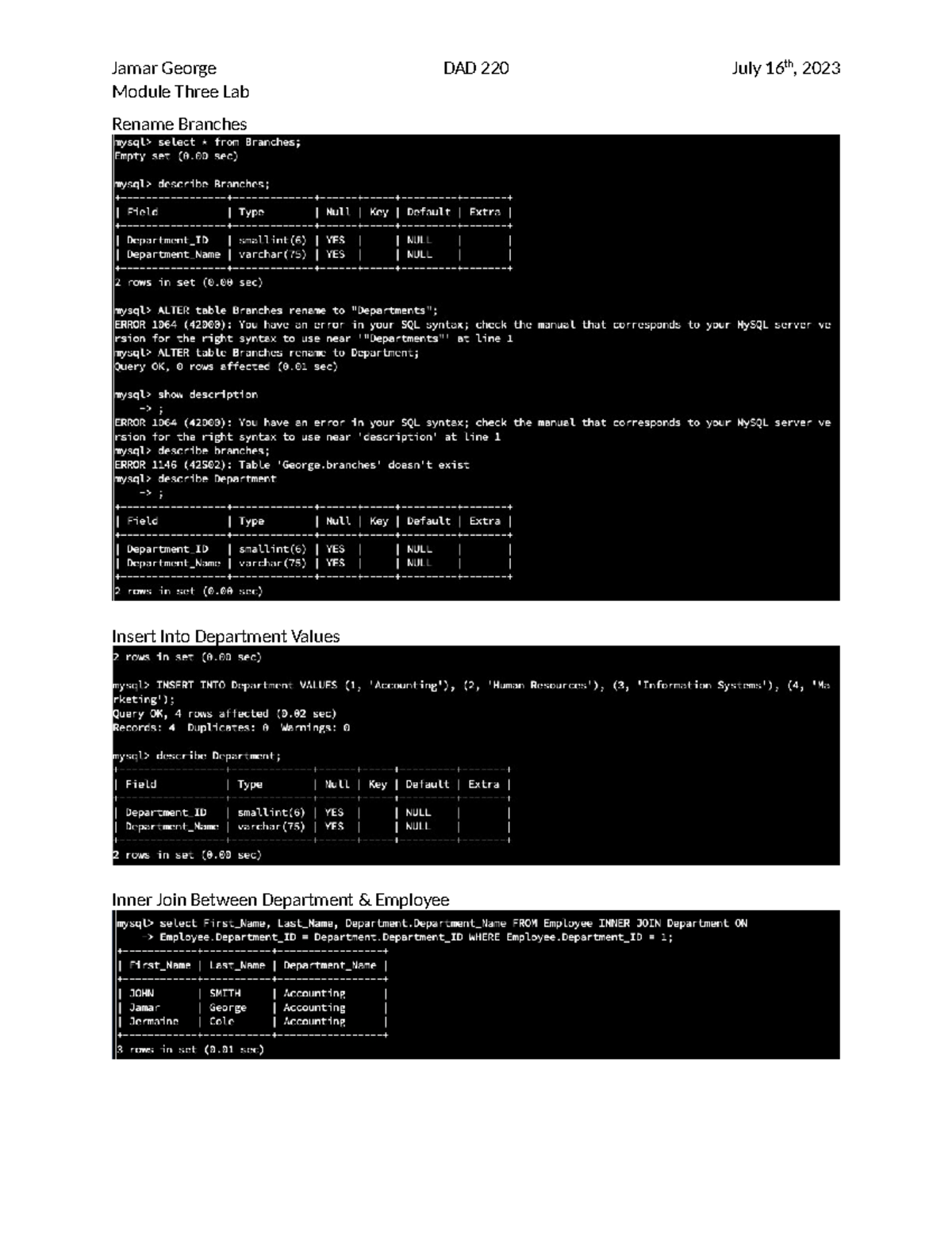 Module Three Lab George Module Three Lab Rename Branches Insert Into Department Values Inner