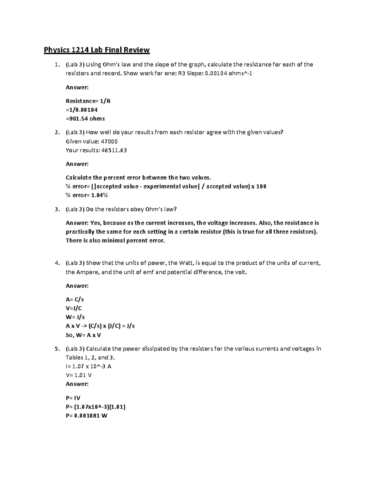 Physics 1214 Lab Final Review - Physics 1214 Lab Final Review (Lab 3 ...